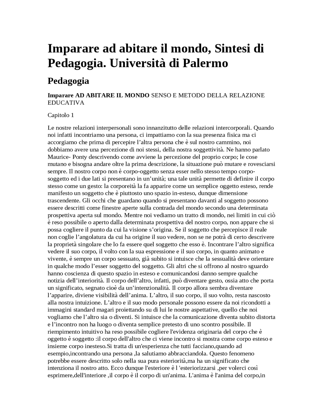 Riassunto Imparare Ad Abitare Il Mondo Docsity