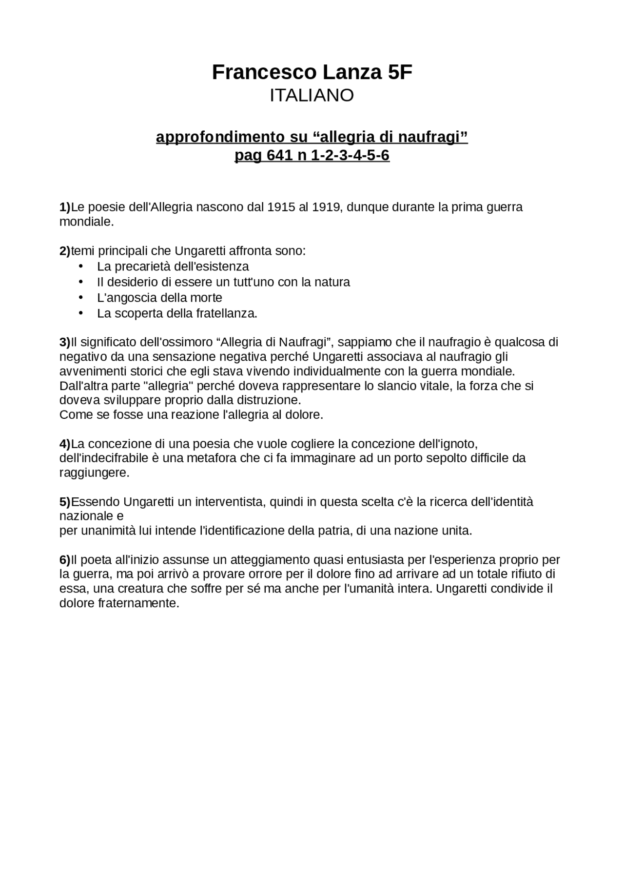 Approfondimento Su Allegria Di Naufragi” Docsity