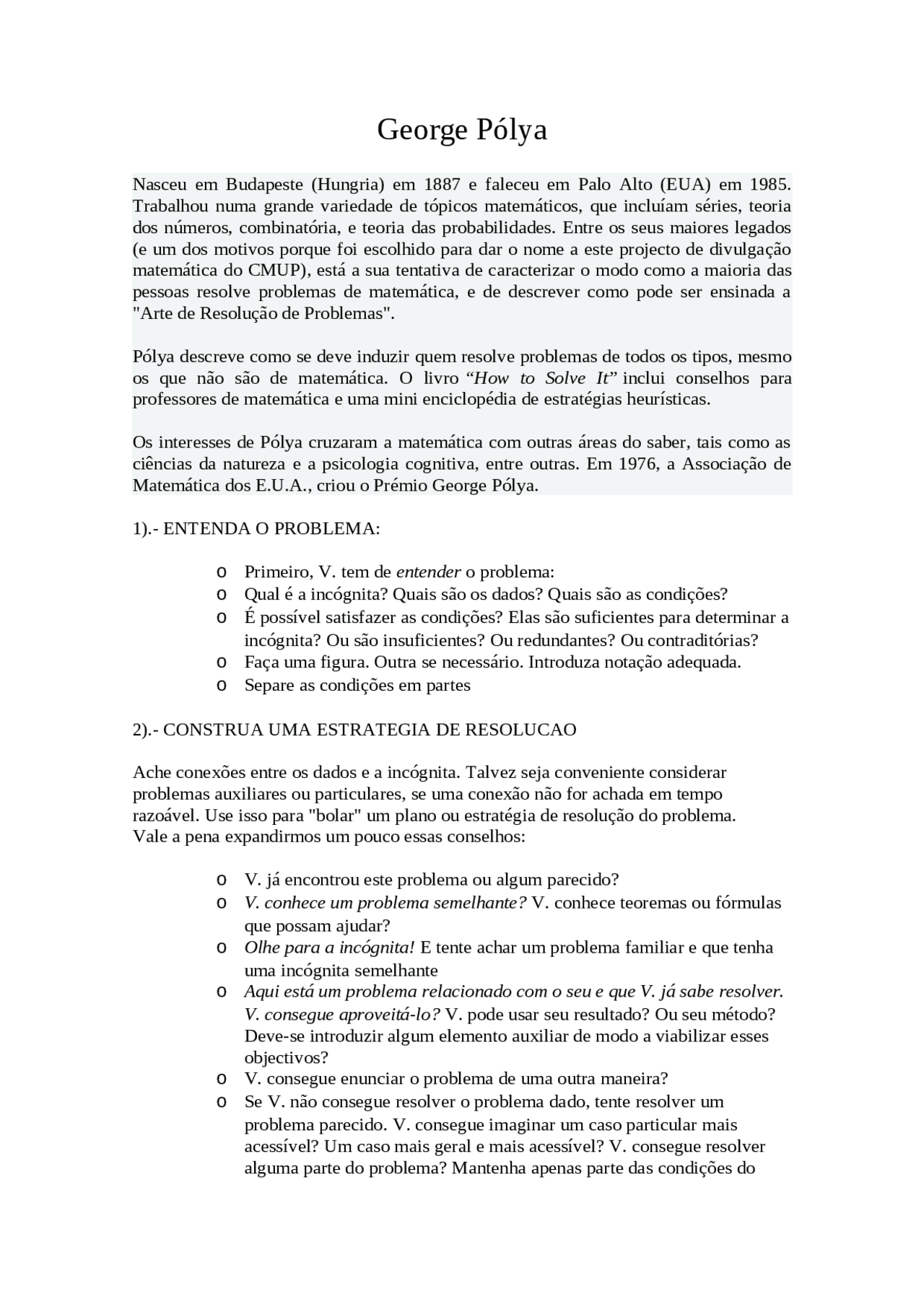 George polya biografia | Redação Matemática | Docsity