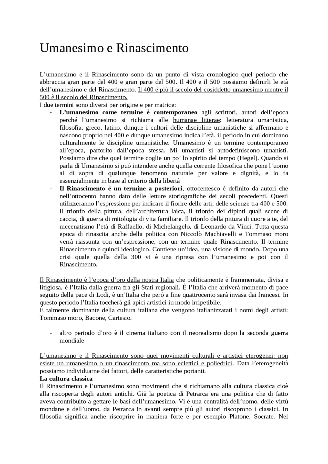 Breve disanima sui concetti di Umanesimo e Rinascimento - Docsity