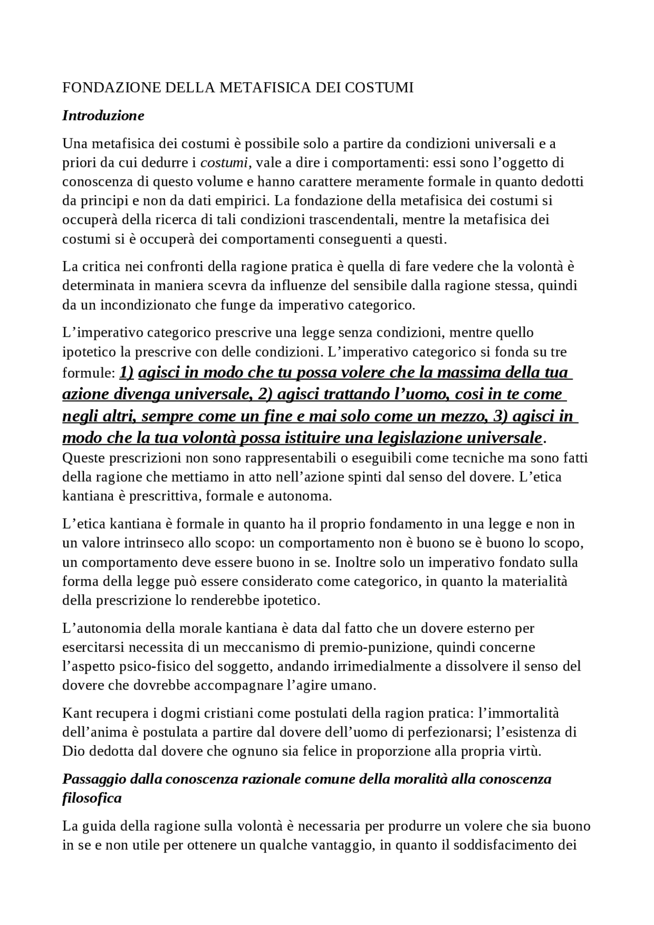 Fondazione Della Metafisica Dei Costumi Kant Docsity