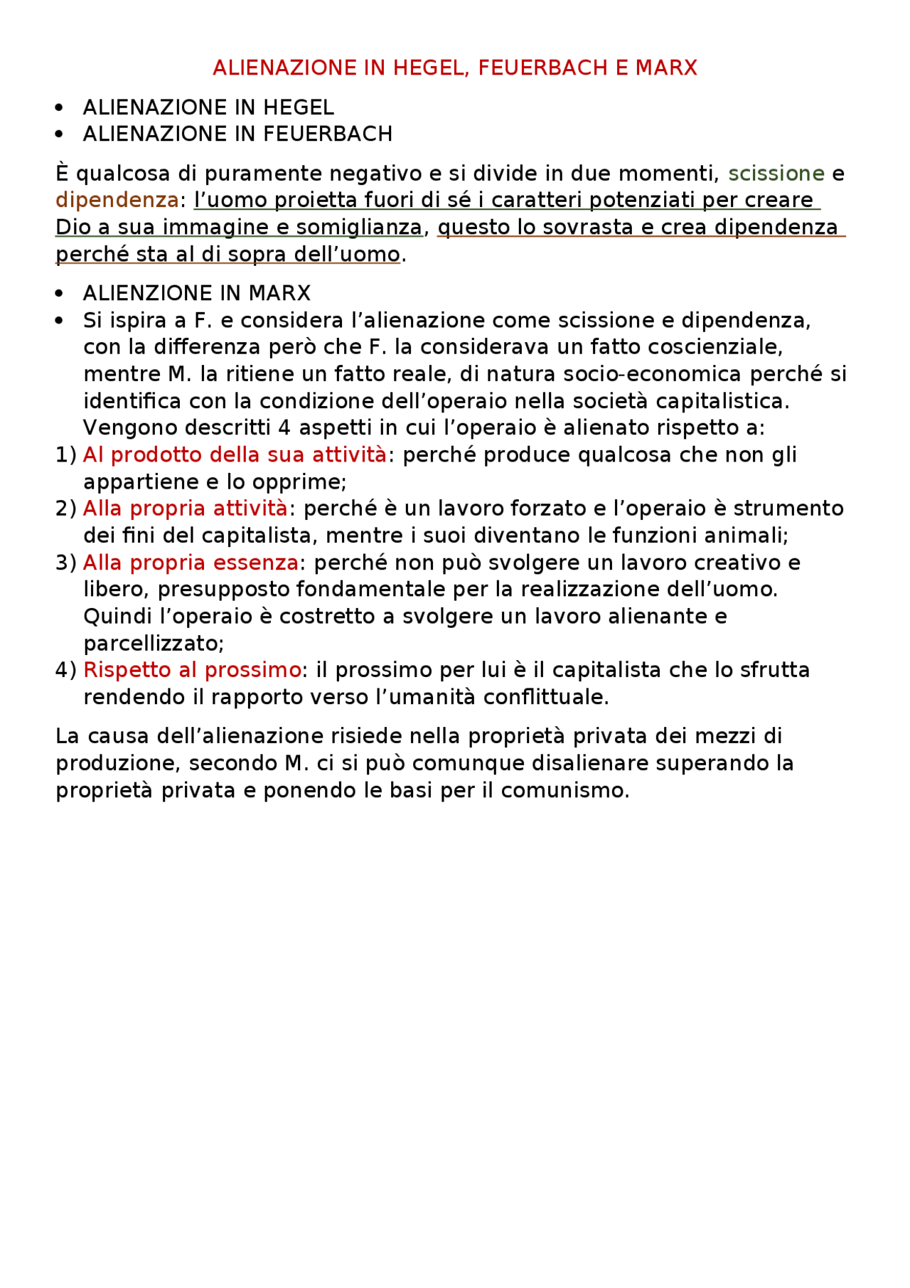 Alienazione in Hegel, Feuerbach e Marx - Docsity