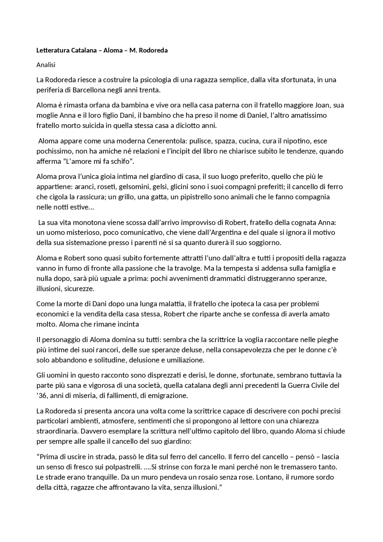 Aloma - analisi libro di Mercè Rodoreda | Appunti di Letteratura | Docsity