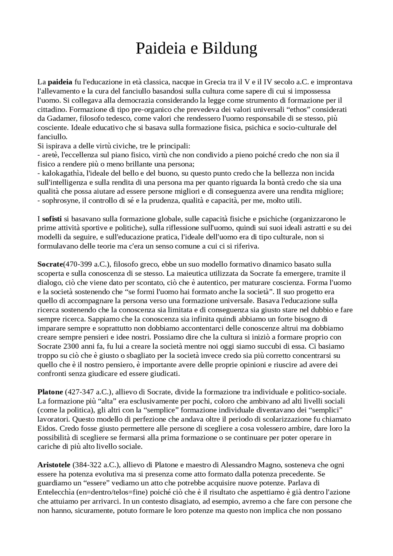 Paideia e Bildung (pedagogia) - Docsity