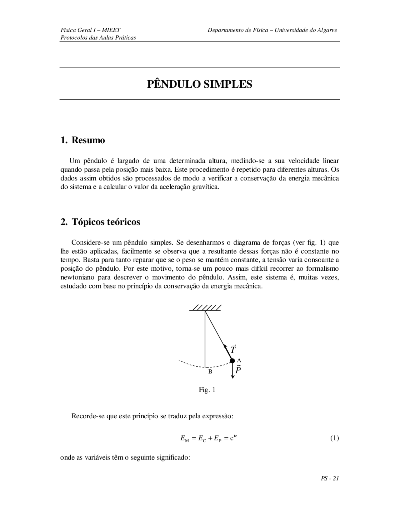 Pêndulo simples, estudo básico sobre seu movimento - Docsity