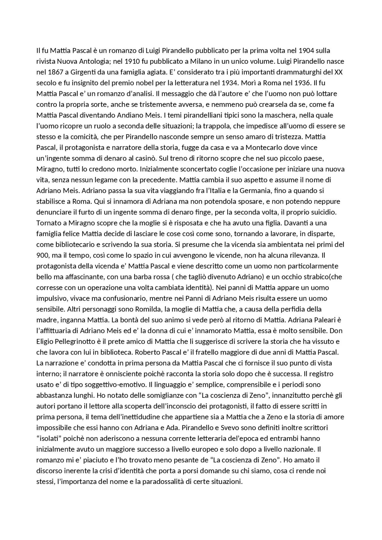 Relazione De Il Fu Mattia Pascal Docsity