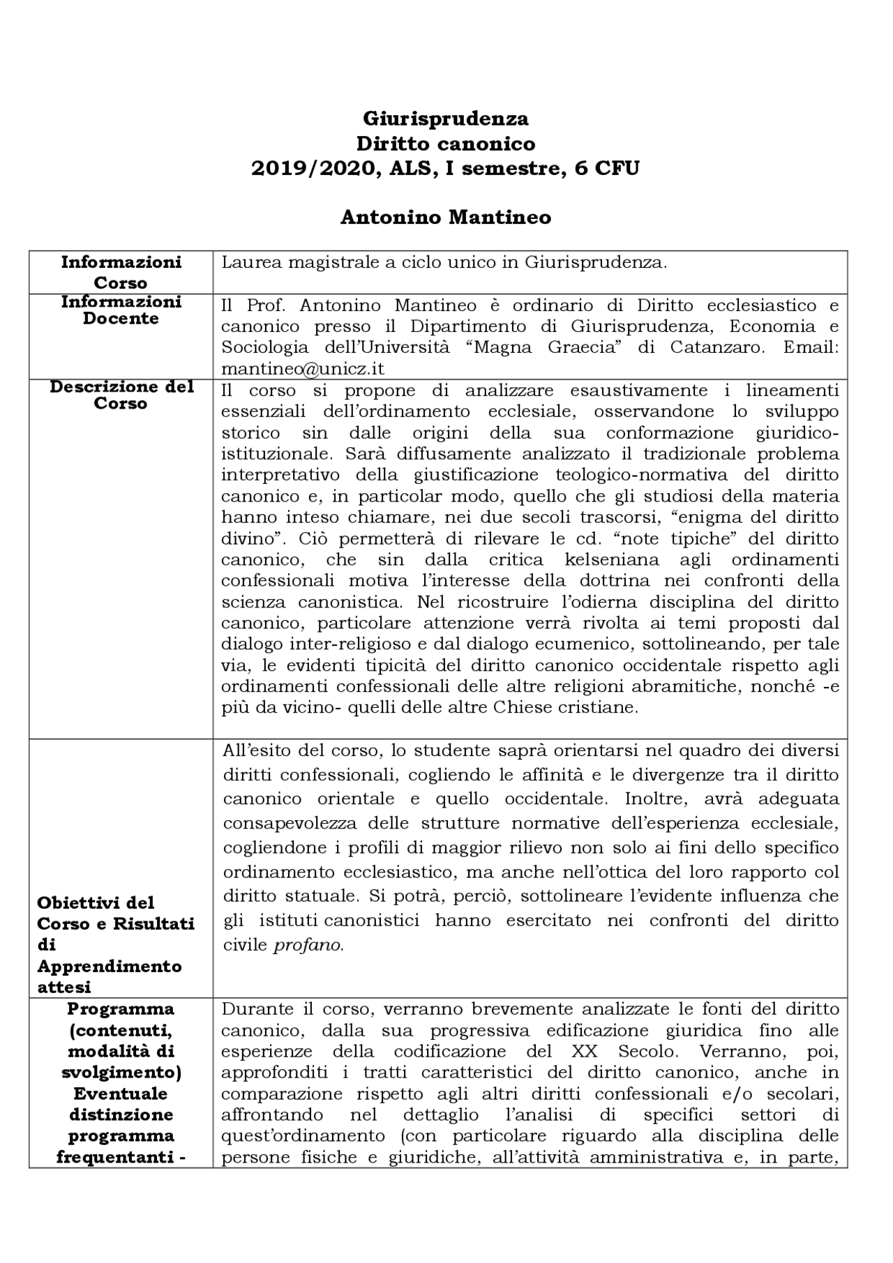 Programma Diritto Canonico Appunti Di Diritto Canonico Docsity