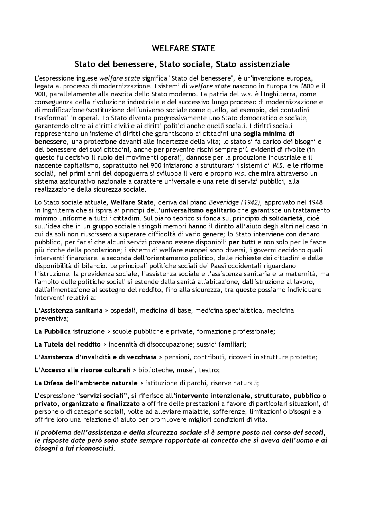 Spiegazione del Welfare State - Docsity