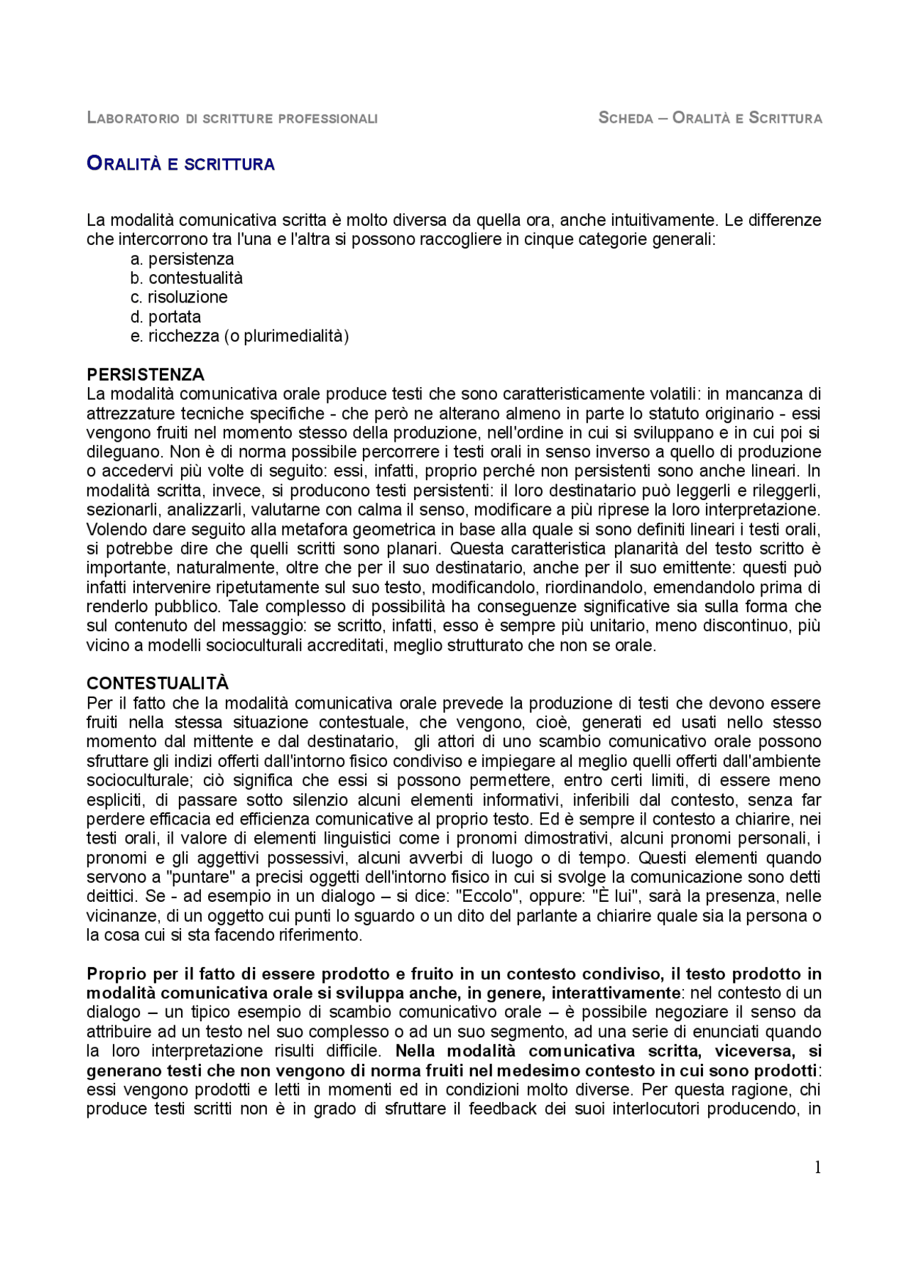 Scheda Sulloralità E La Scrittura Docsity