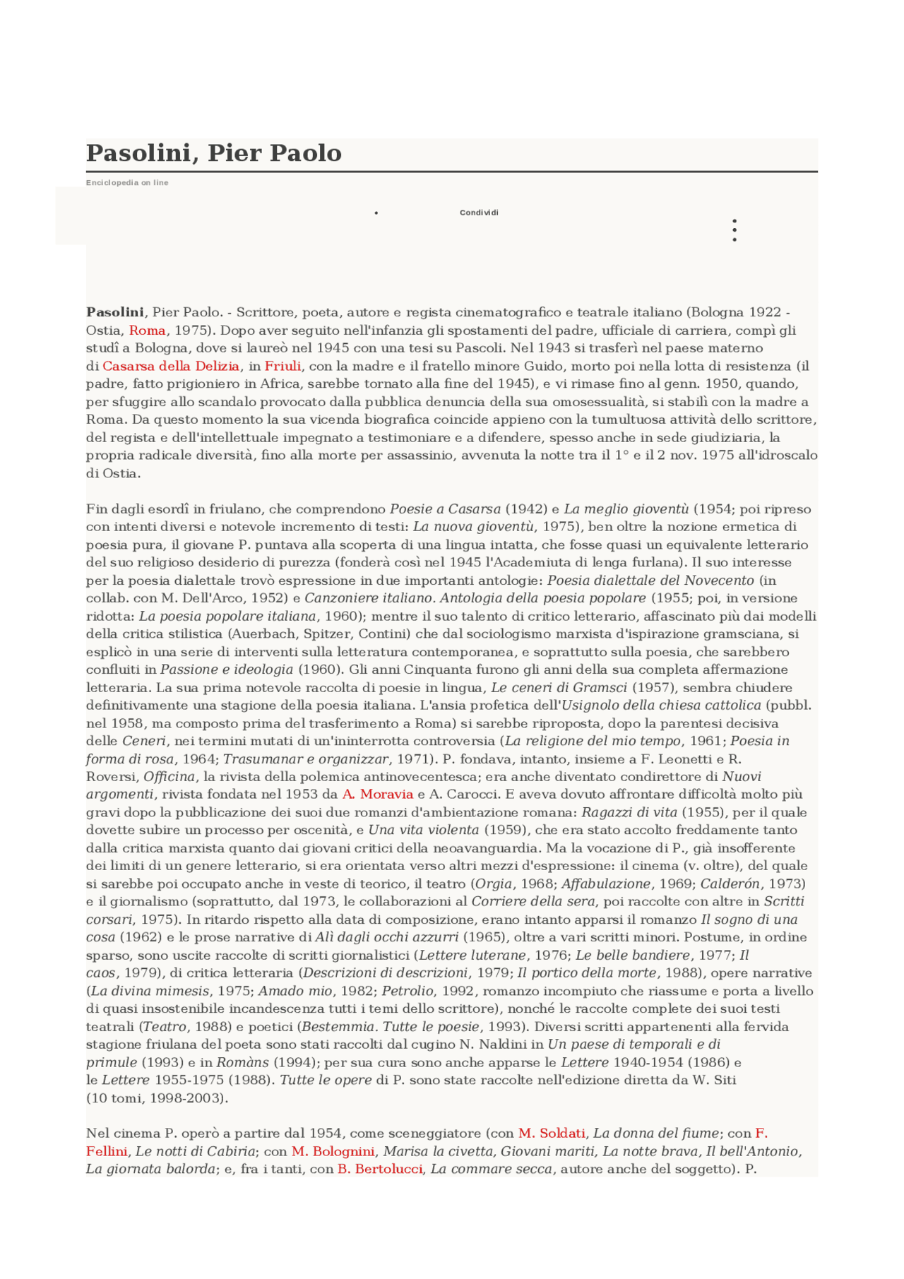 Appunti su Pier Paolo Pasolini - Docsity