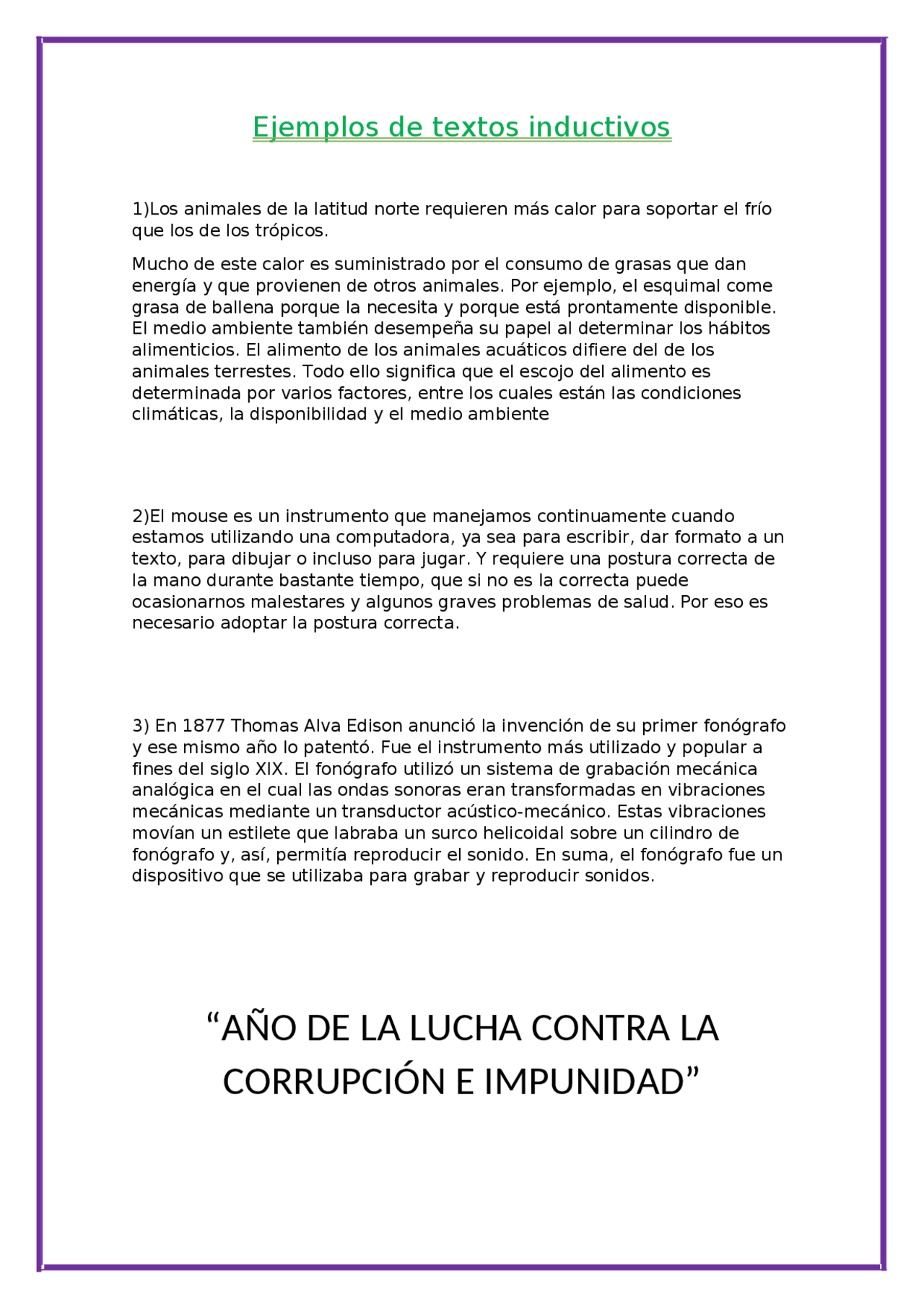 EJEMPLOS DE TEXTOS INDUCTIVOS | Ejercicios de Comunicación | Docsity