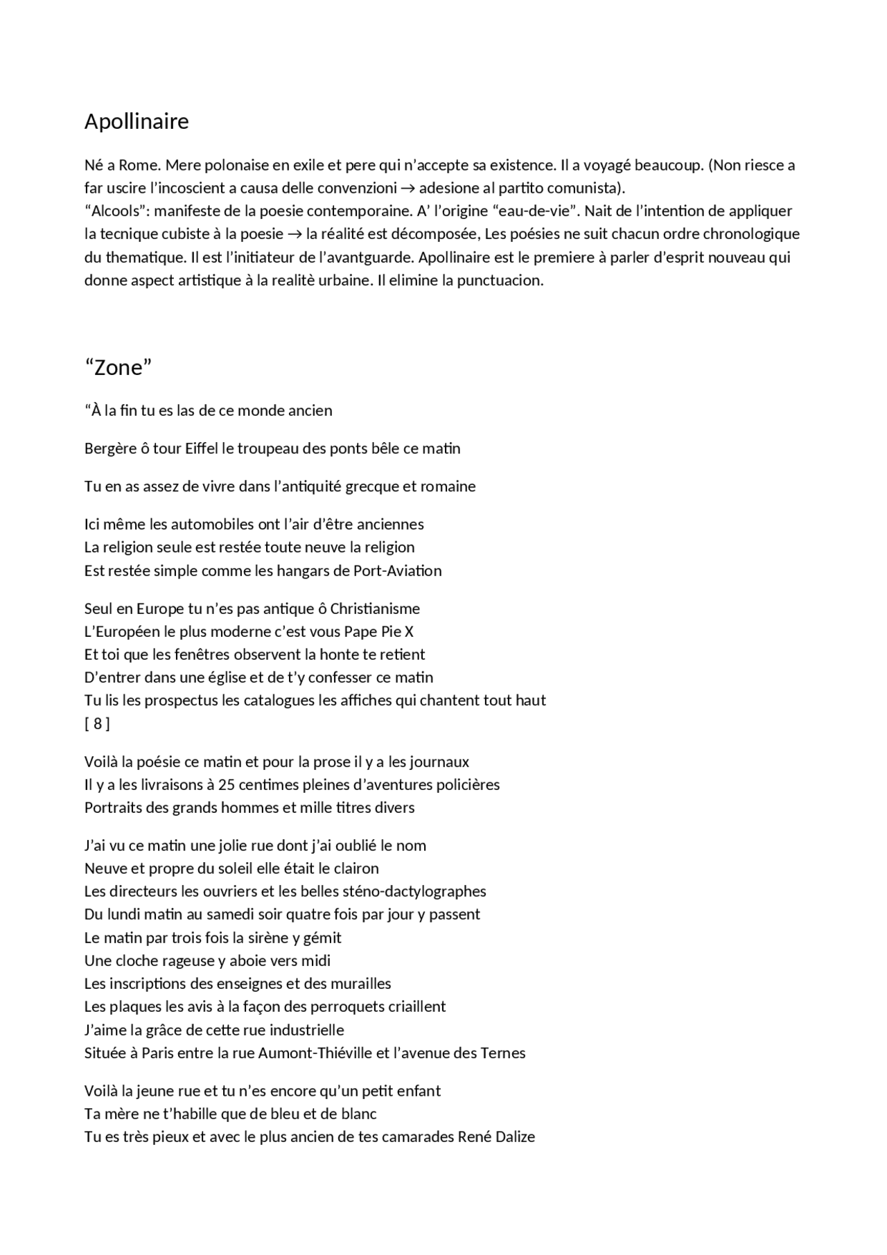Apollinaire E Zone In Francese Docsity