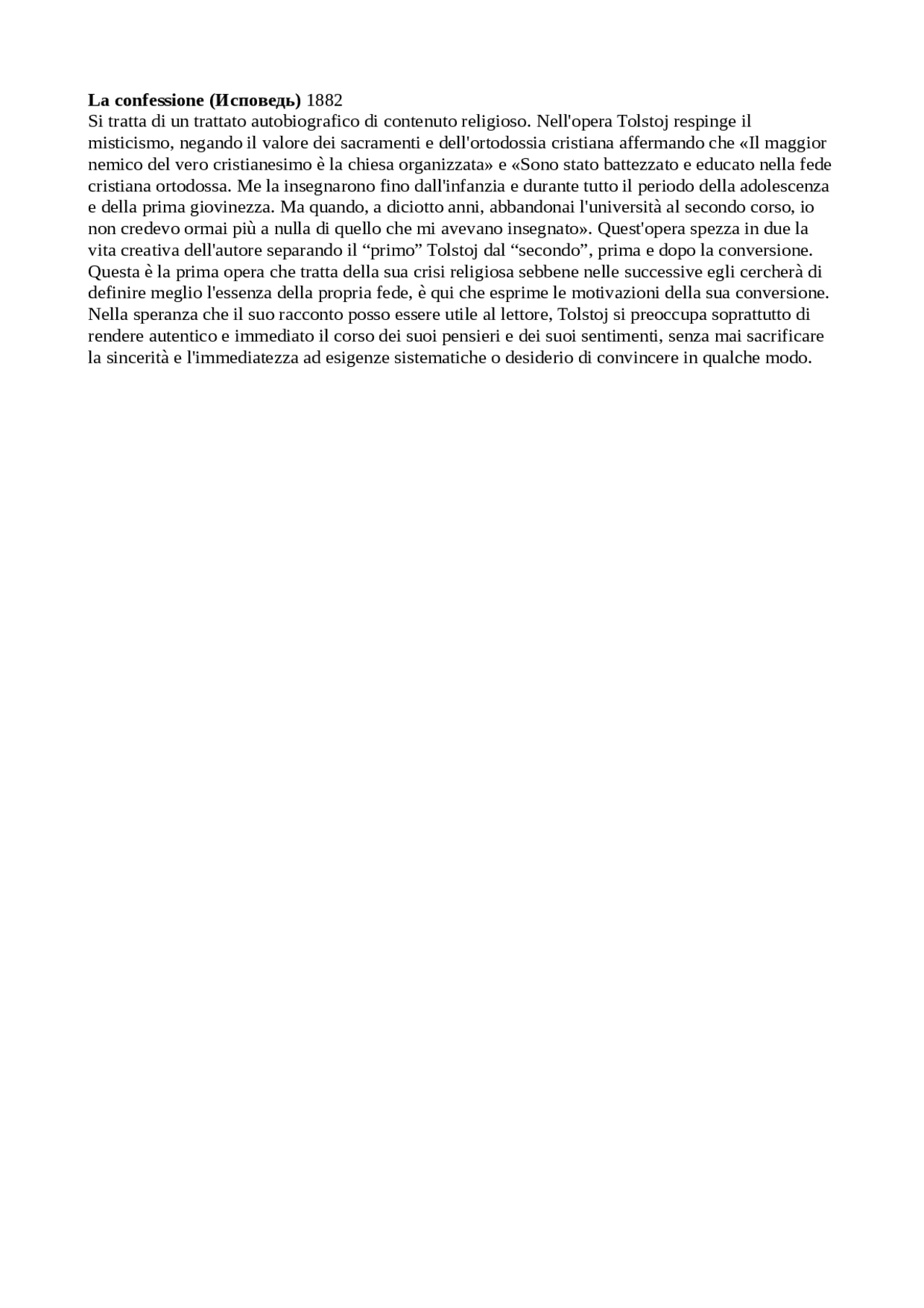 La Confessione Tolstoj Docsity