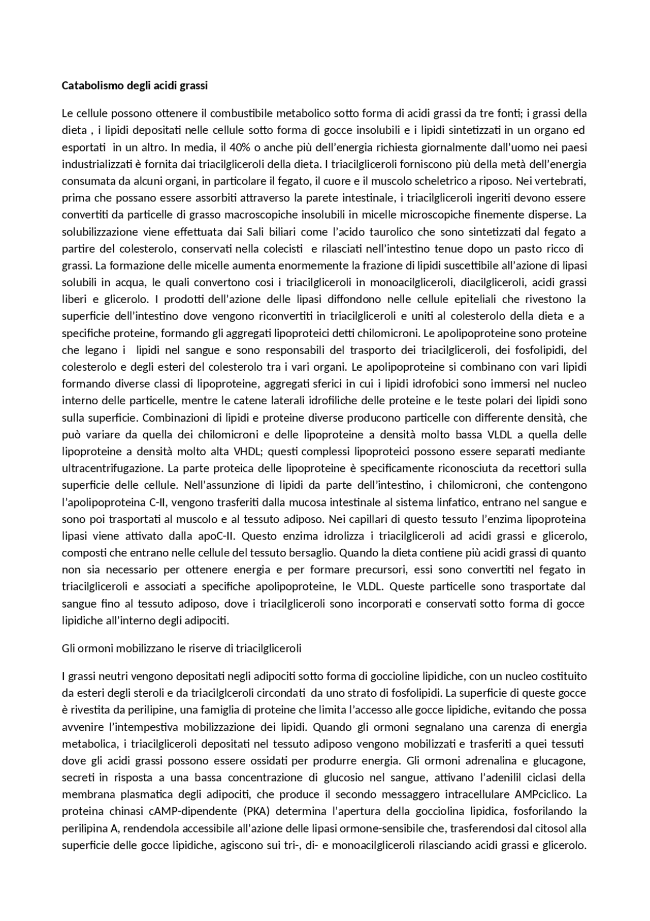 Degradazione Degli Acidi Grassi Docsity