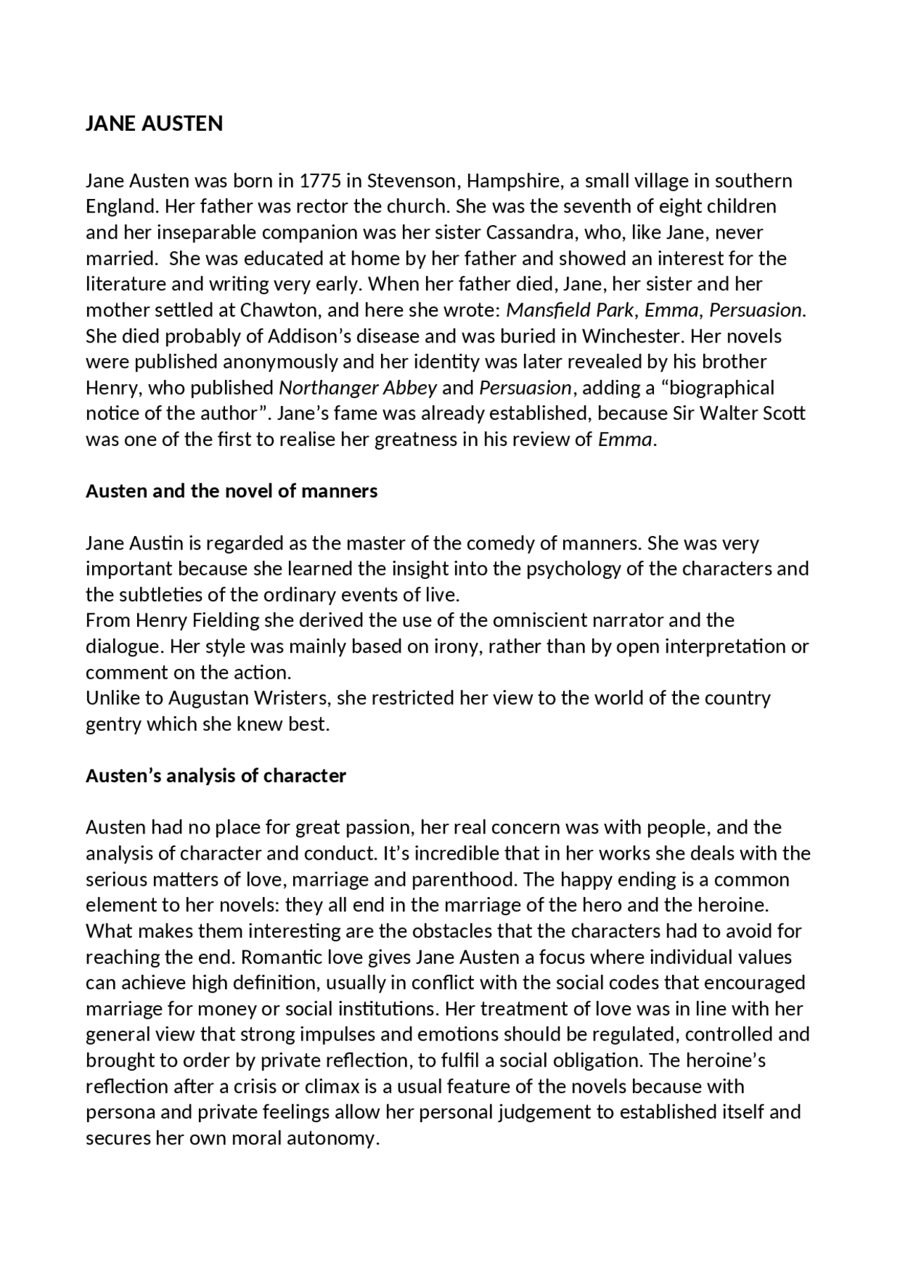 Jane Austen’s life and the relationship with the comedy of manners ...