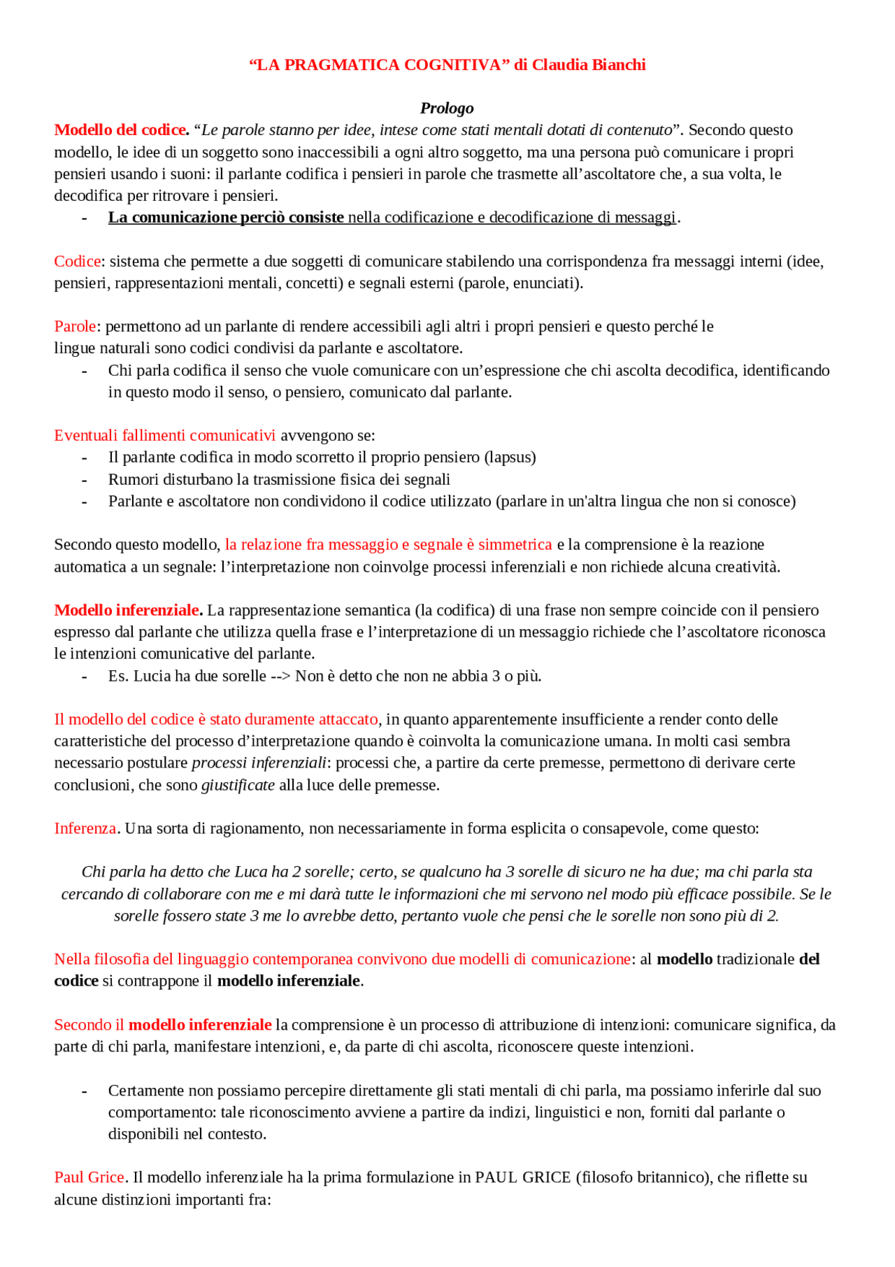 La Pragmatica Cognitiva” Di Claudia Bianchi Docsity