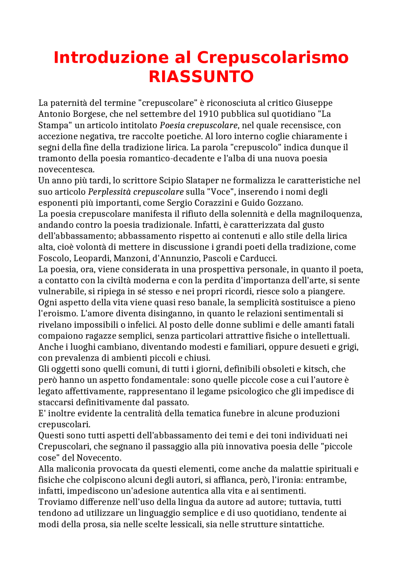 Introduzione Al Crepuscolarismo Docsity