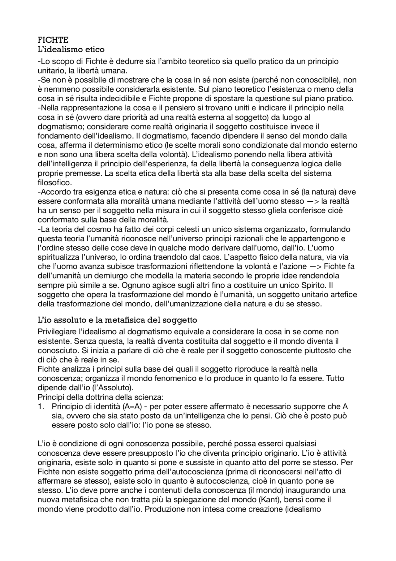 Fichte Riassunto Completo Docsity