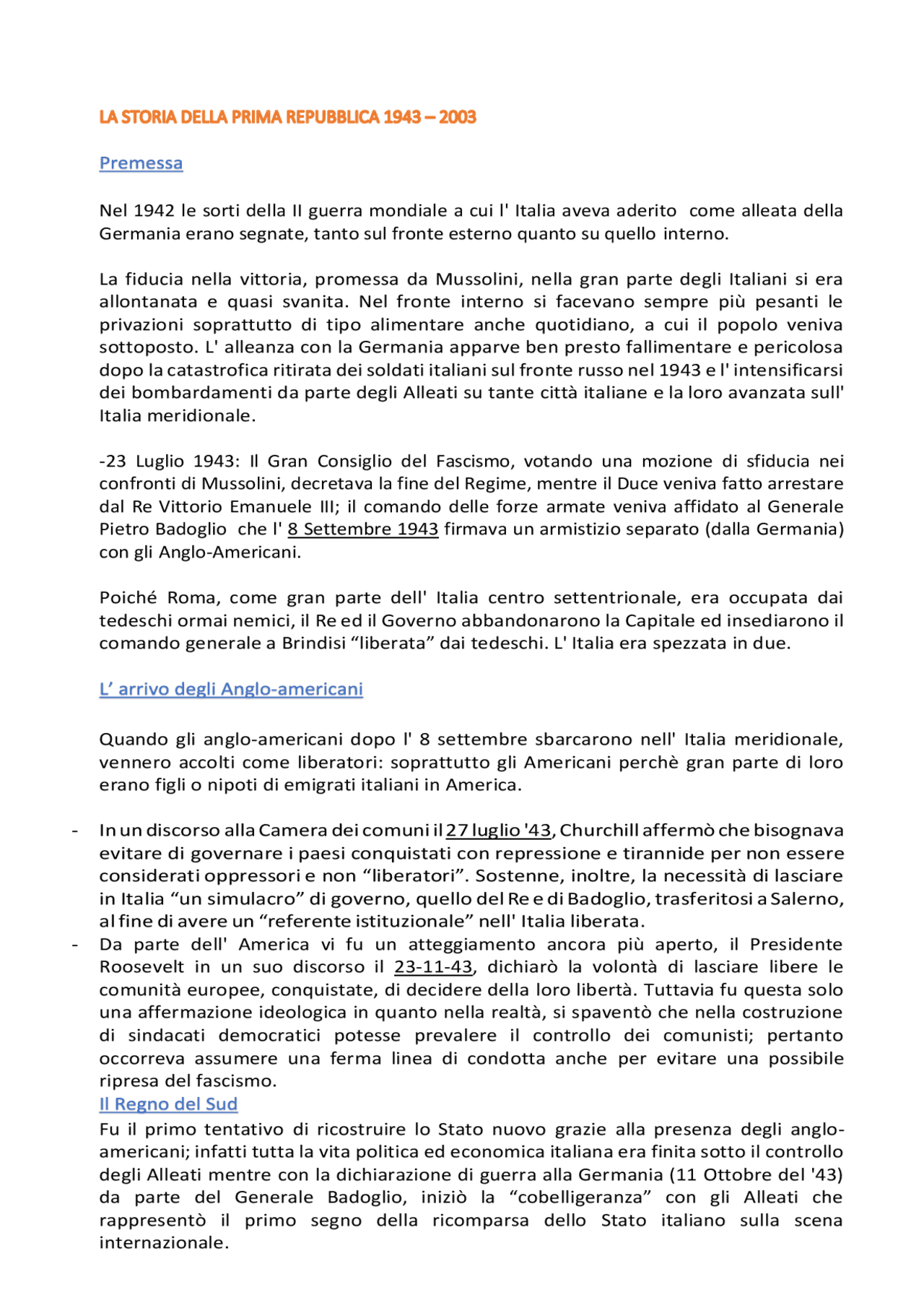 Storia della Prima Repubblica. L'italia dal 1943 al 2003 - Docsity