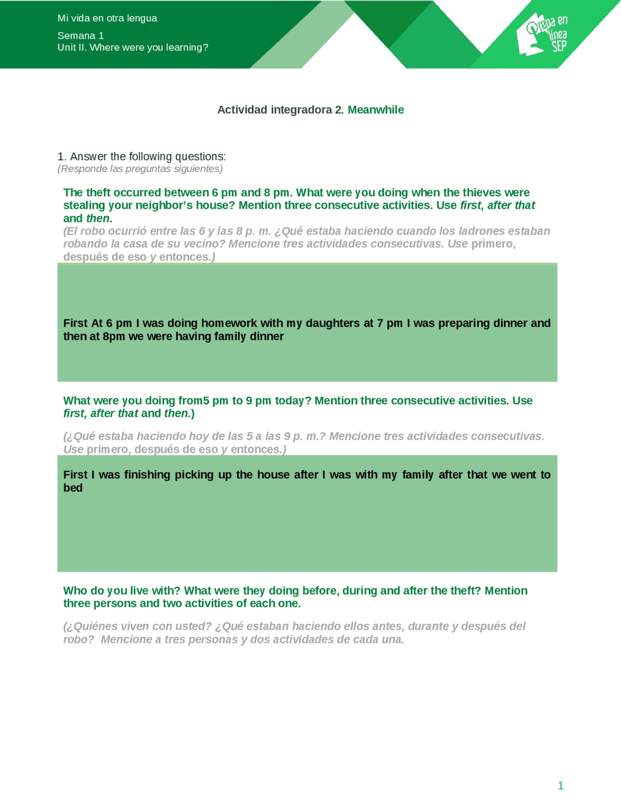 Actividad Integradora 2 Meanwhile Apuntes De Inglés Docsity