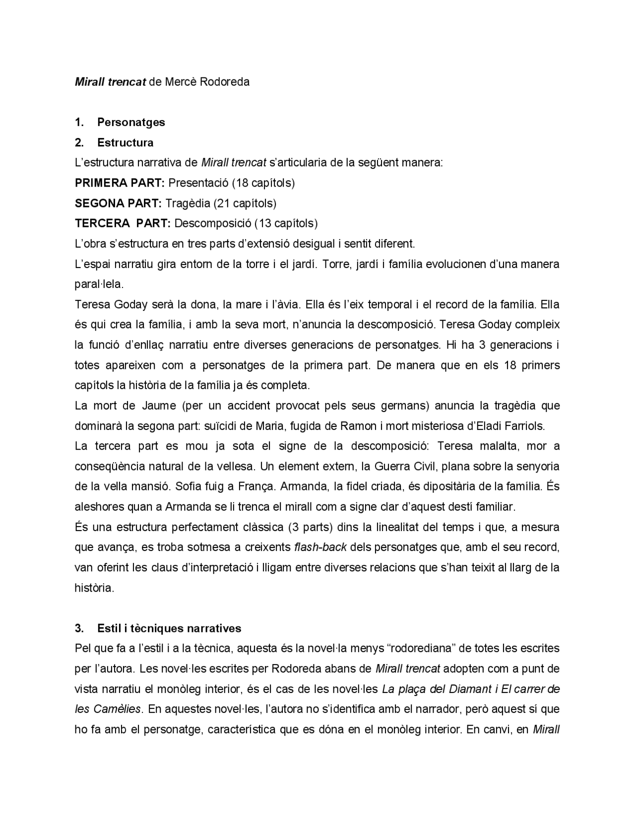 Resum Mirall Trencat De Mercè Rodoreda Docsity