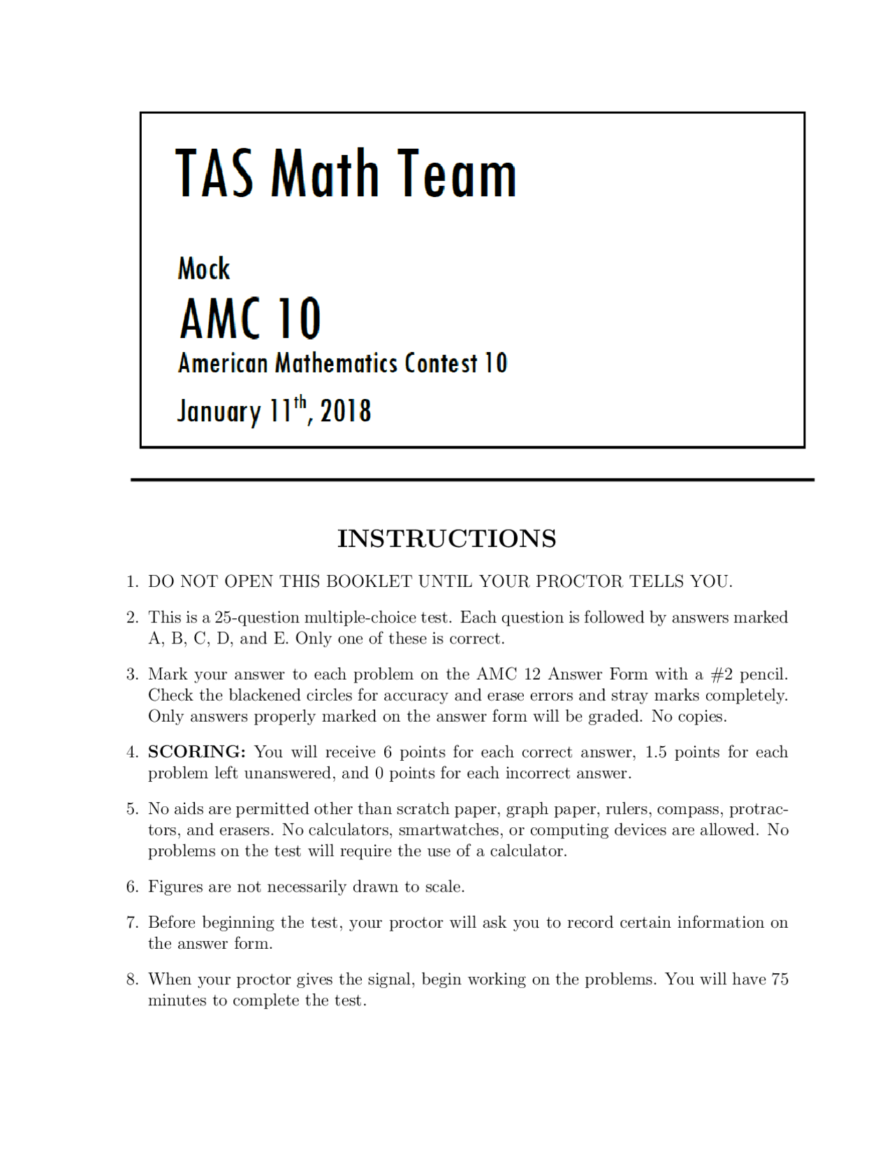 Mock American Mathematics Competition Level 10 - Docsity