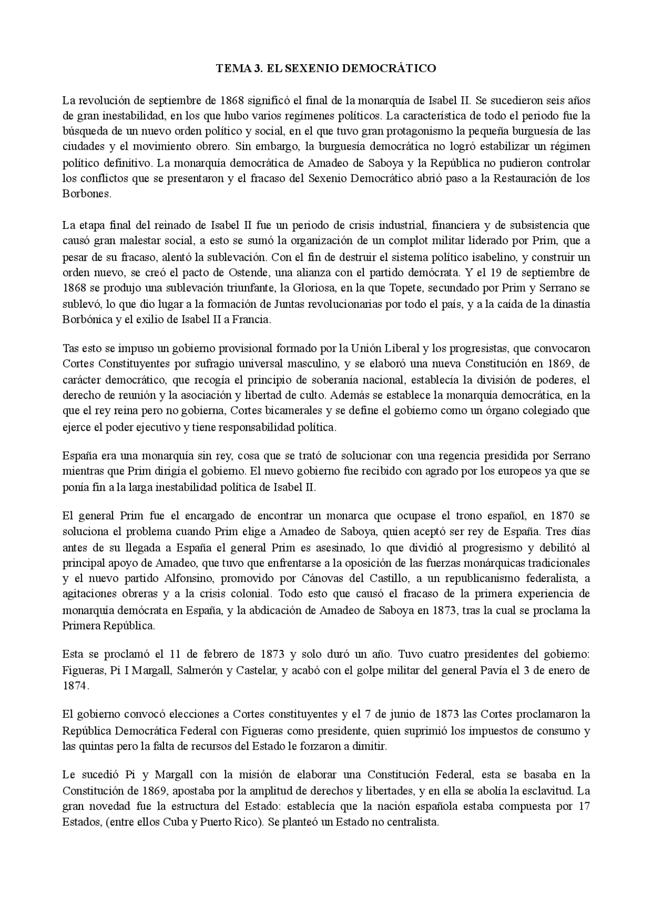 El sexenio democrático - Docsity