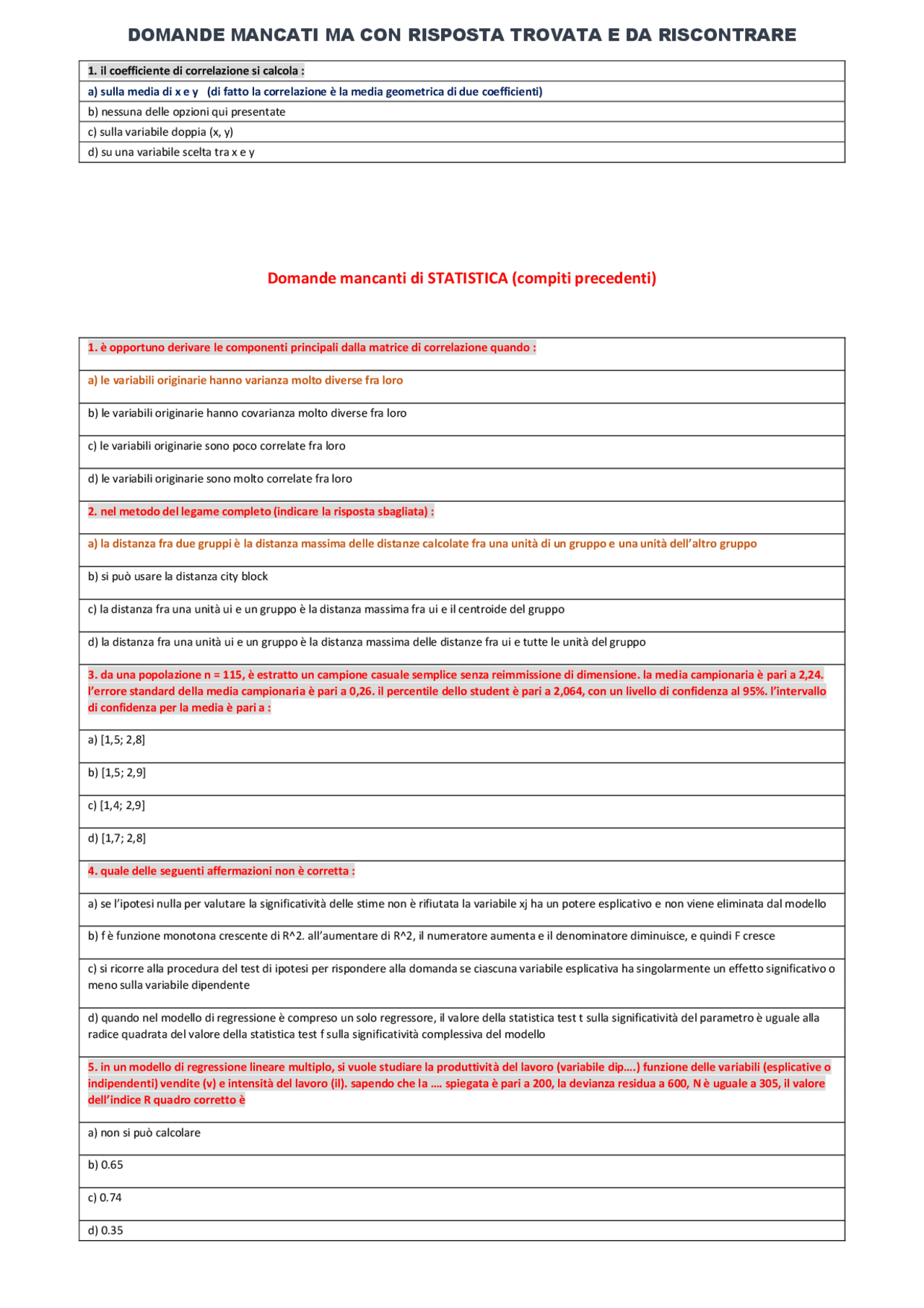 Domande Di Statistica Aziendale Docsity