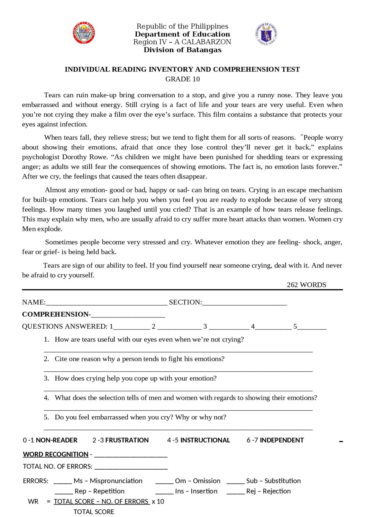 Reading selections you can use for high school students | Exercises ...