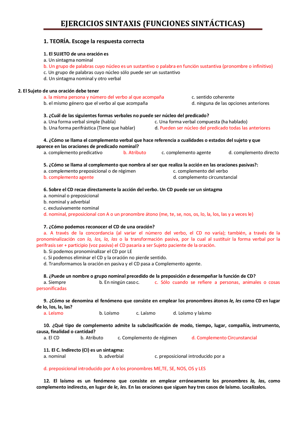 Ejercicios de funciones sintácticas | Ejercicios de Lengua y Literatura | Docsity