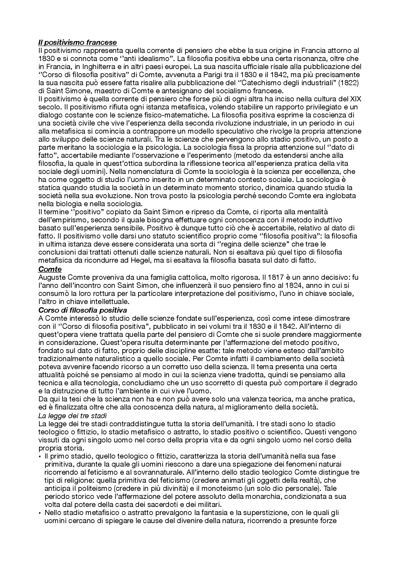 Comte E Positivismo Francese Docsity