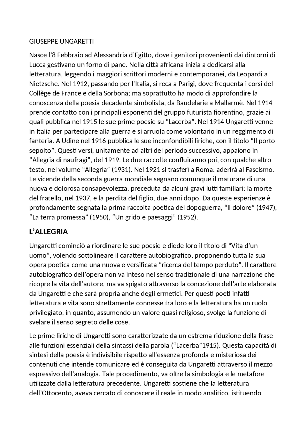 Giuseppe Ungaretti Riassunto Completo Docsity