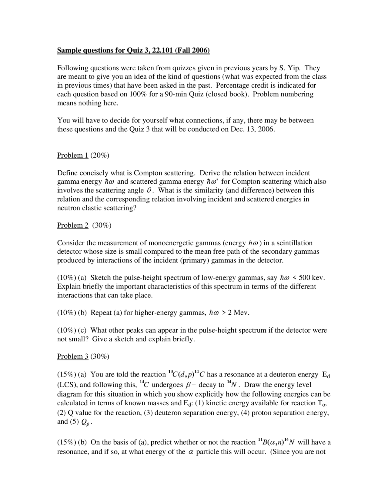 Applied Nuclear Physics Sample Questions for Quiz 3 - Docsity