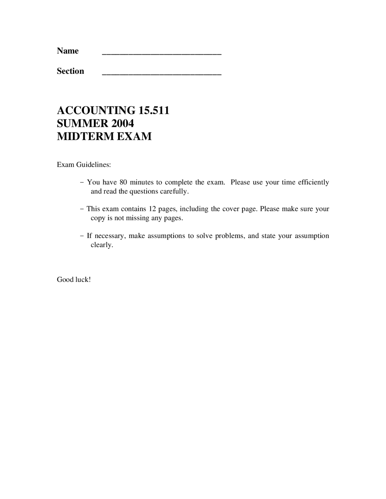 Financial Accounting Midterm Exam 2004 Docsity