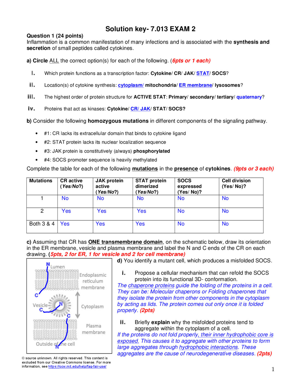Introductory Biology Solution Key Exam 2 Spring 2018 Mit Docsity