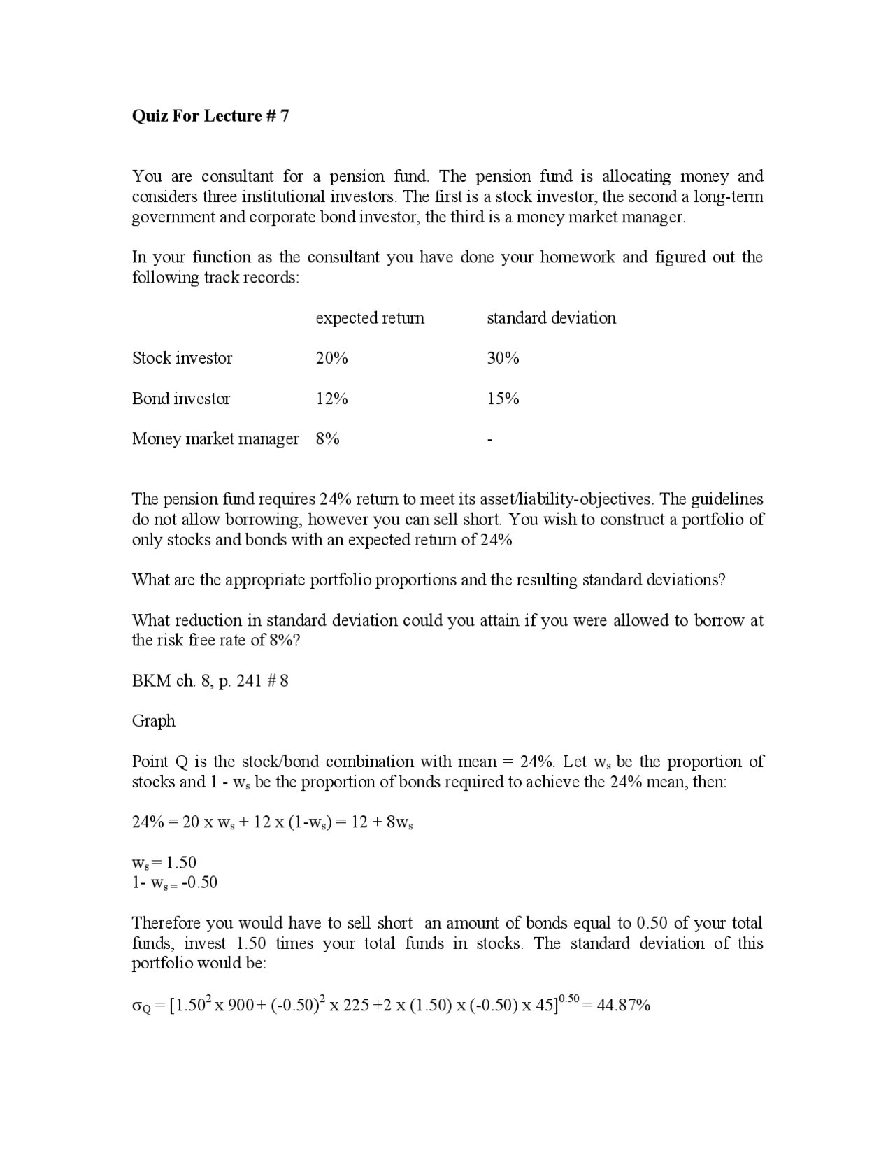 Investments Lecture 7 Miniquiz With Answers Docsity