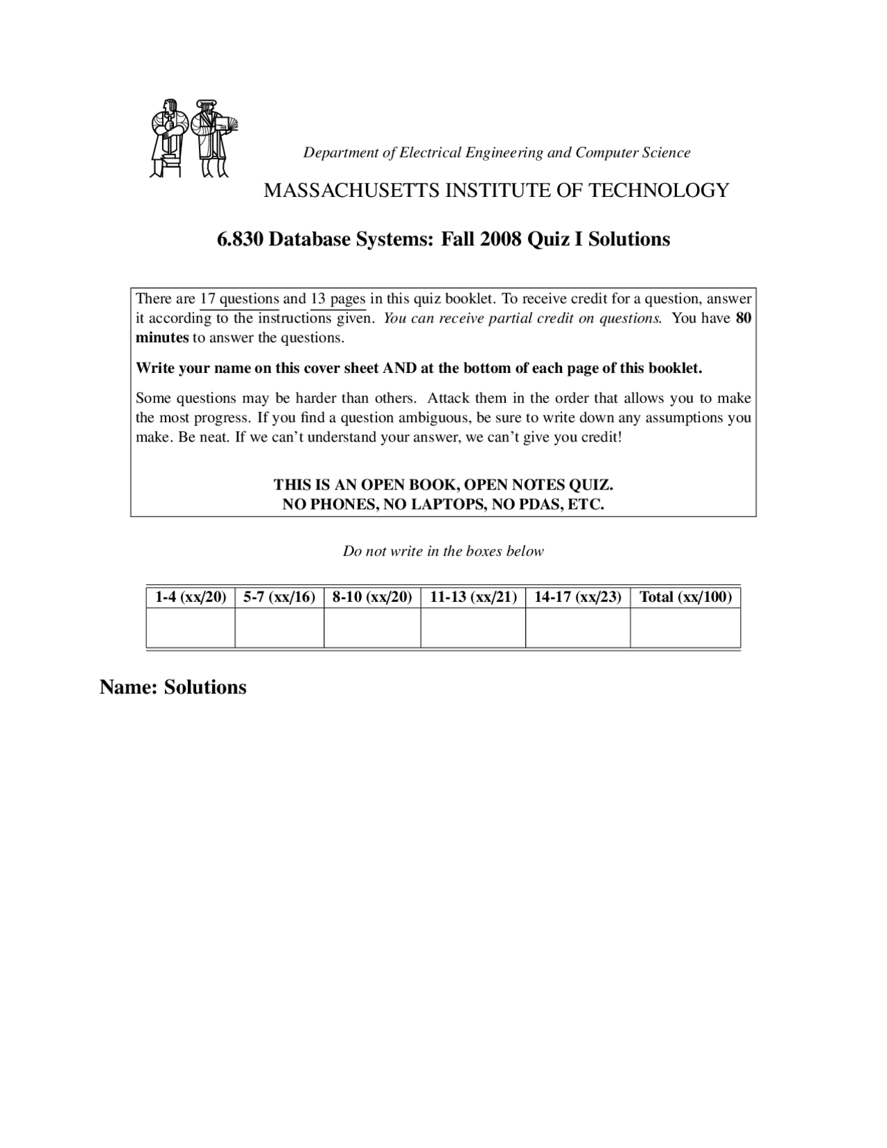 Database Systems Quiz 1 With Answers Fall 2008 Docsity
