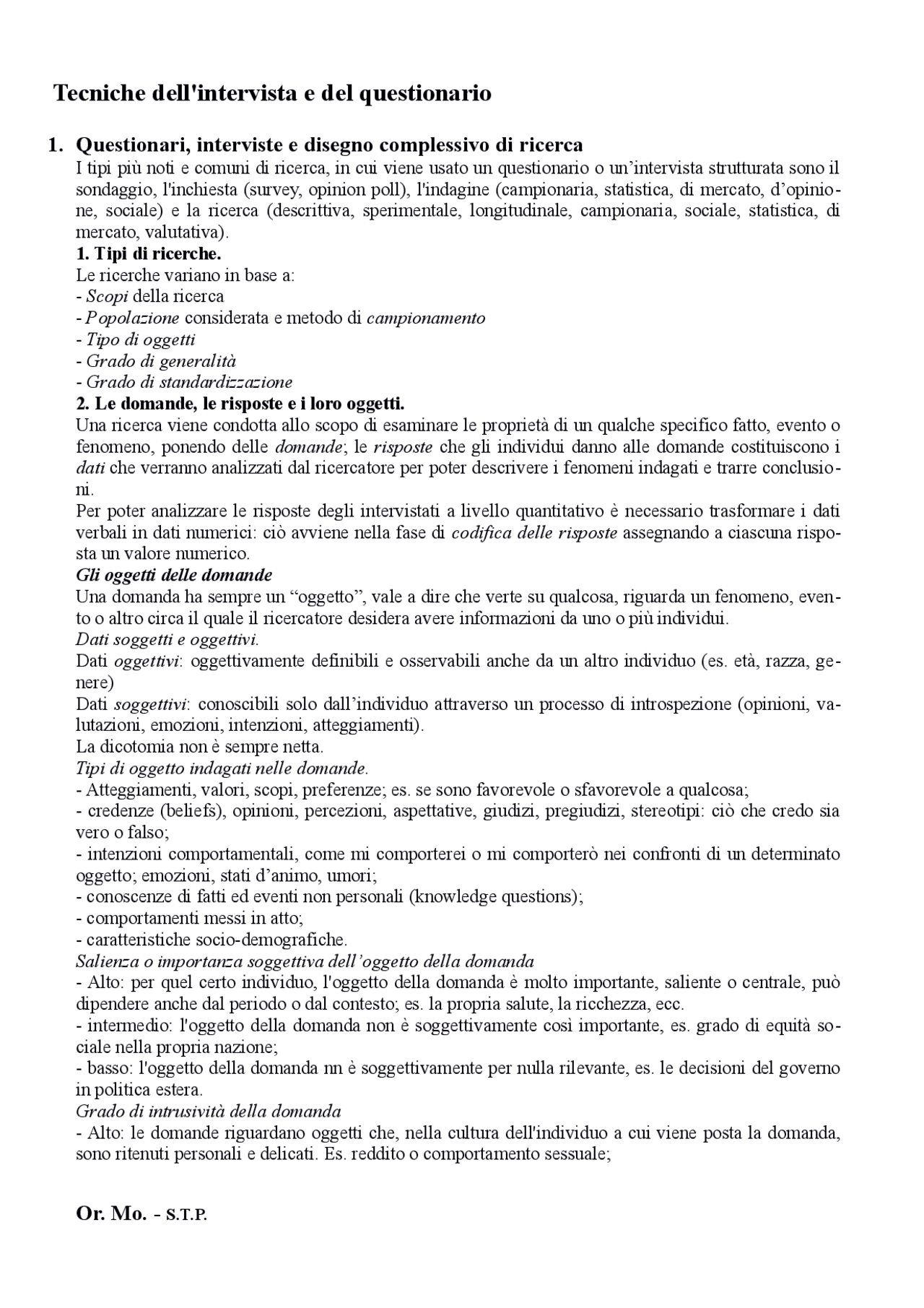 Tecniche dell'intervista e del questionario - Docsity