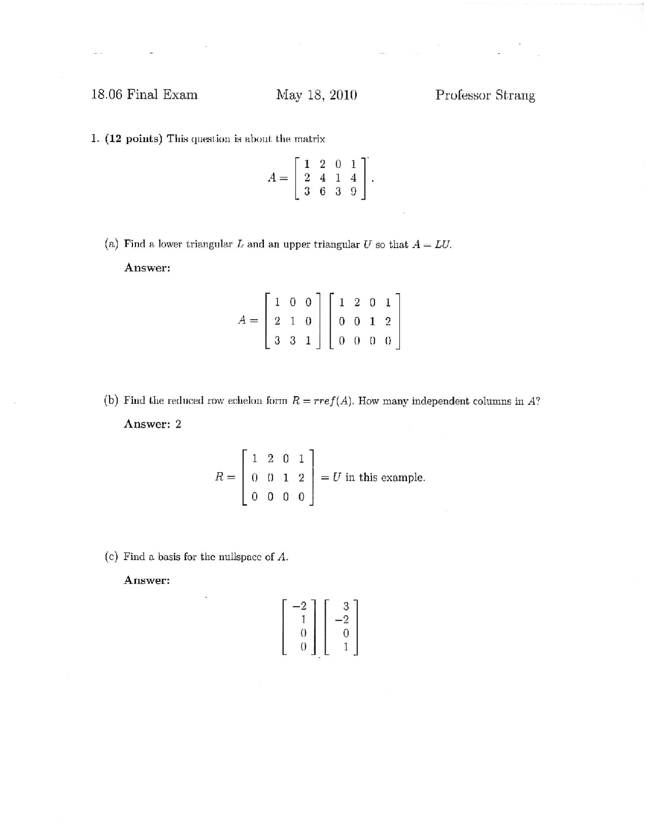 Linear Algebra Final Exam: 9 Problems with Answers | Spring 2010 MIT ...