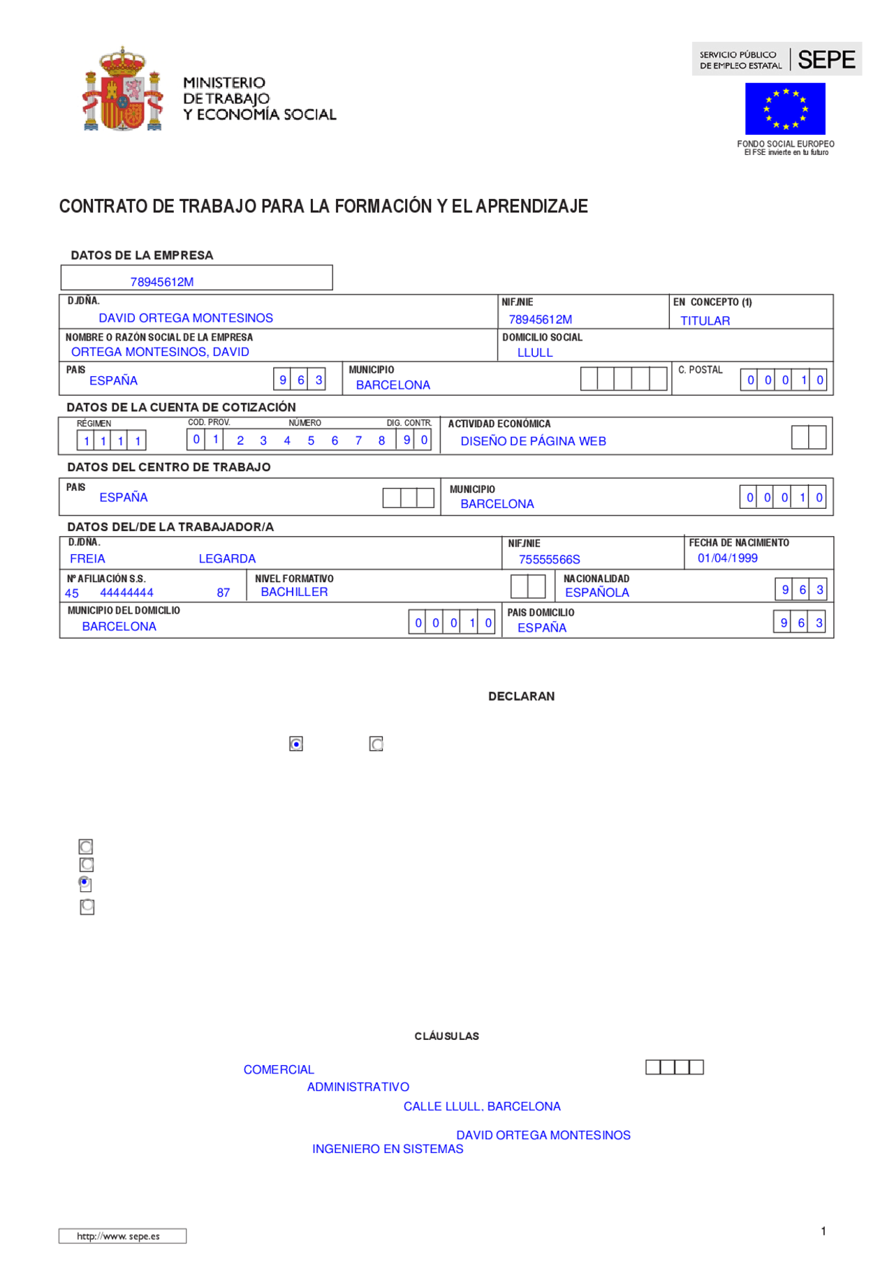 Ejemplo de contrato español - Docsity