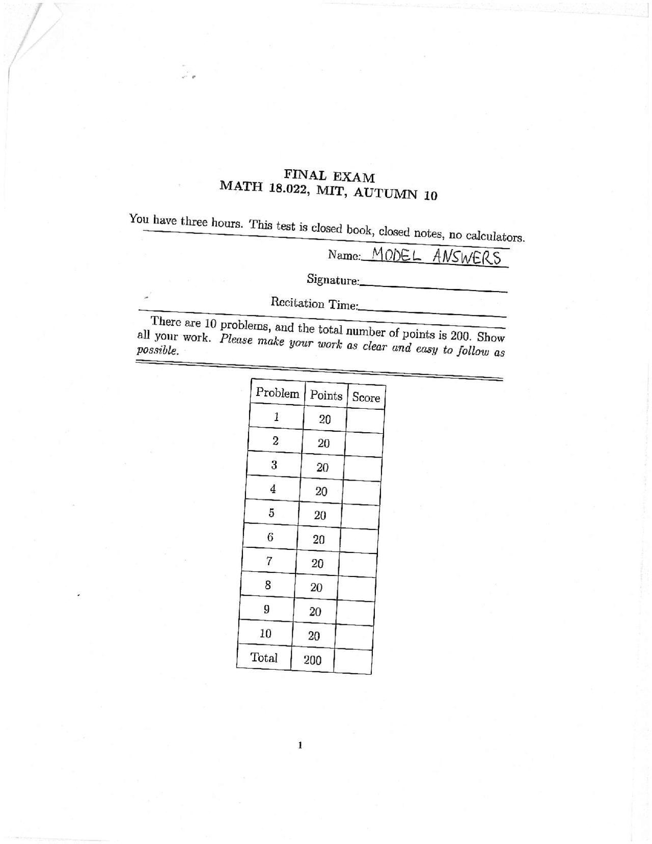 Calculus Of Several Variables Final Exam With Answers Docsity