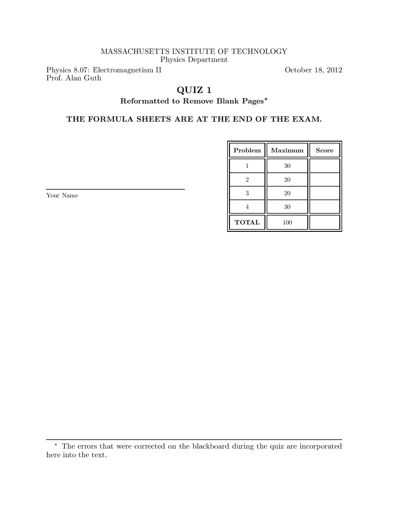 Electromagnetism Ii Quiz 1 Exercises Problems And Formula Sheet Docsity