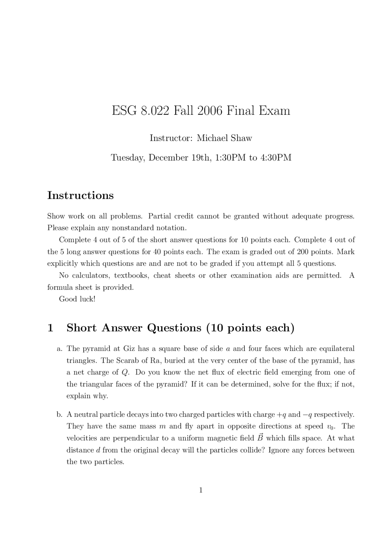 Electricity And Magnetism Final Exam Short Answer Questions And Problems