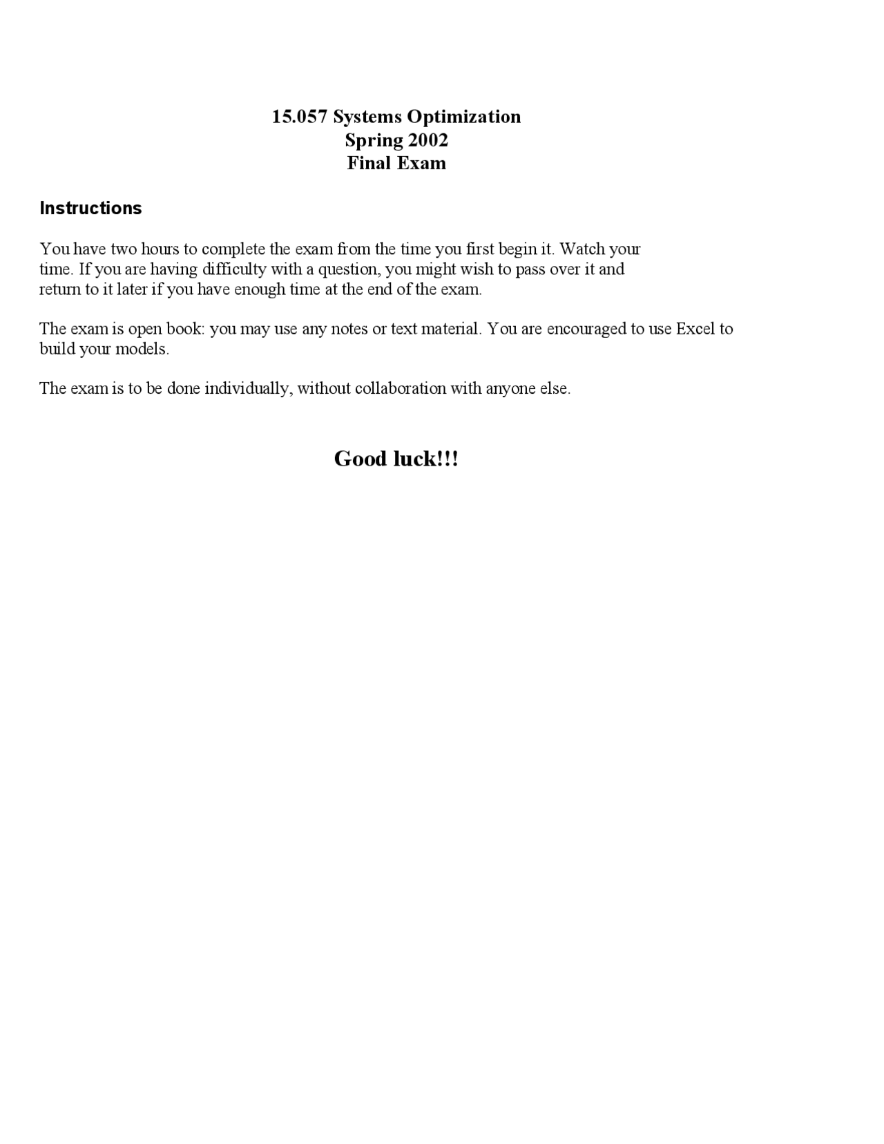 Systems Optimization Final Exam Spring 2002 Docsity