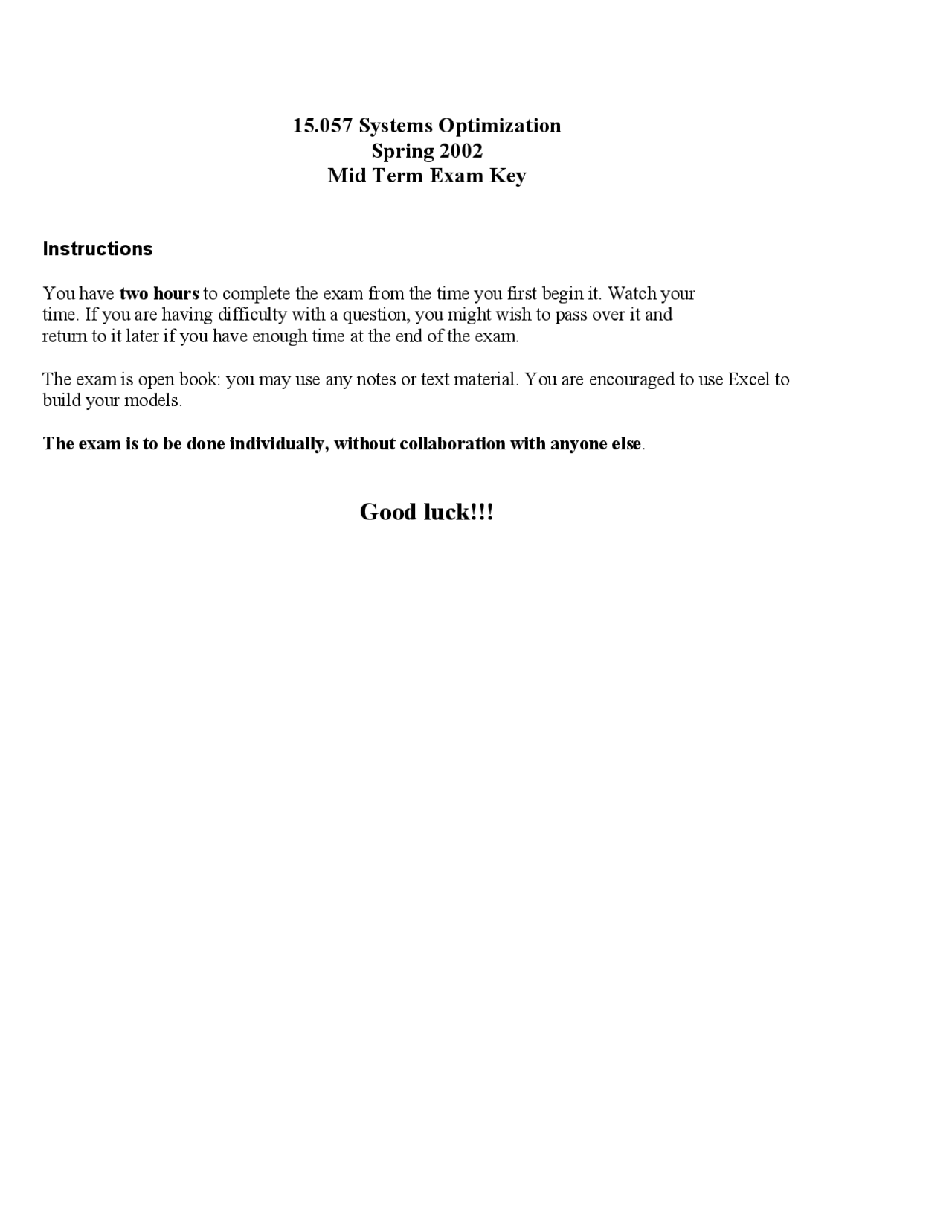 Systems Optimization Midterm Exam With Solutions Spring 2002 Docsity