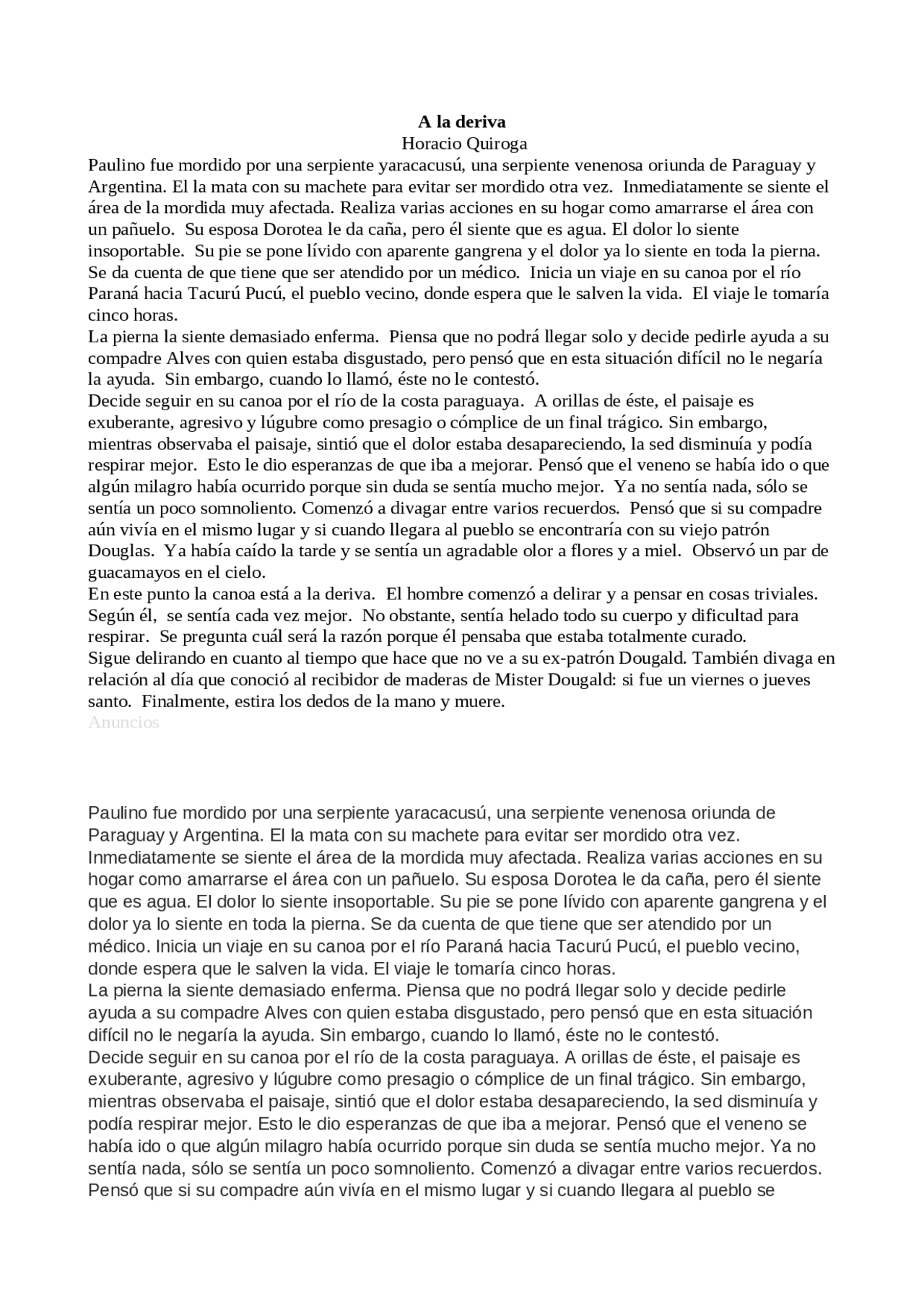 A la deriva horacio quiroga - Docsity