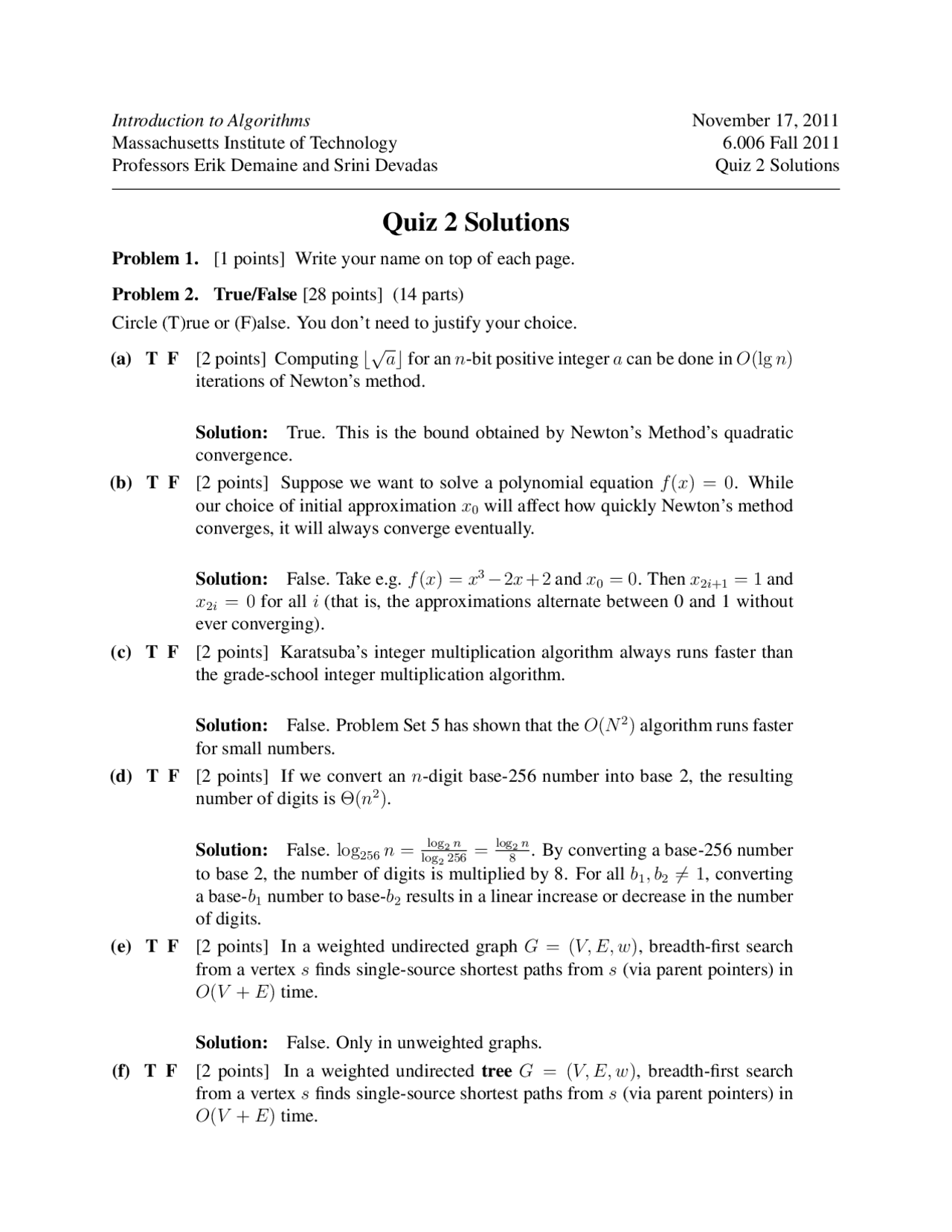 Introduction To Algorithms Quiz With Answers Fall 2011 Docsity