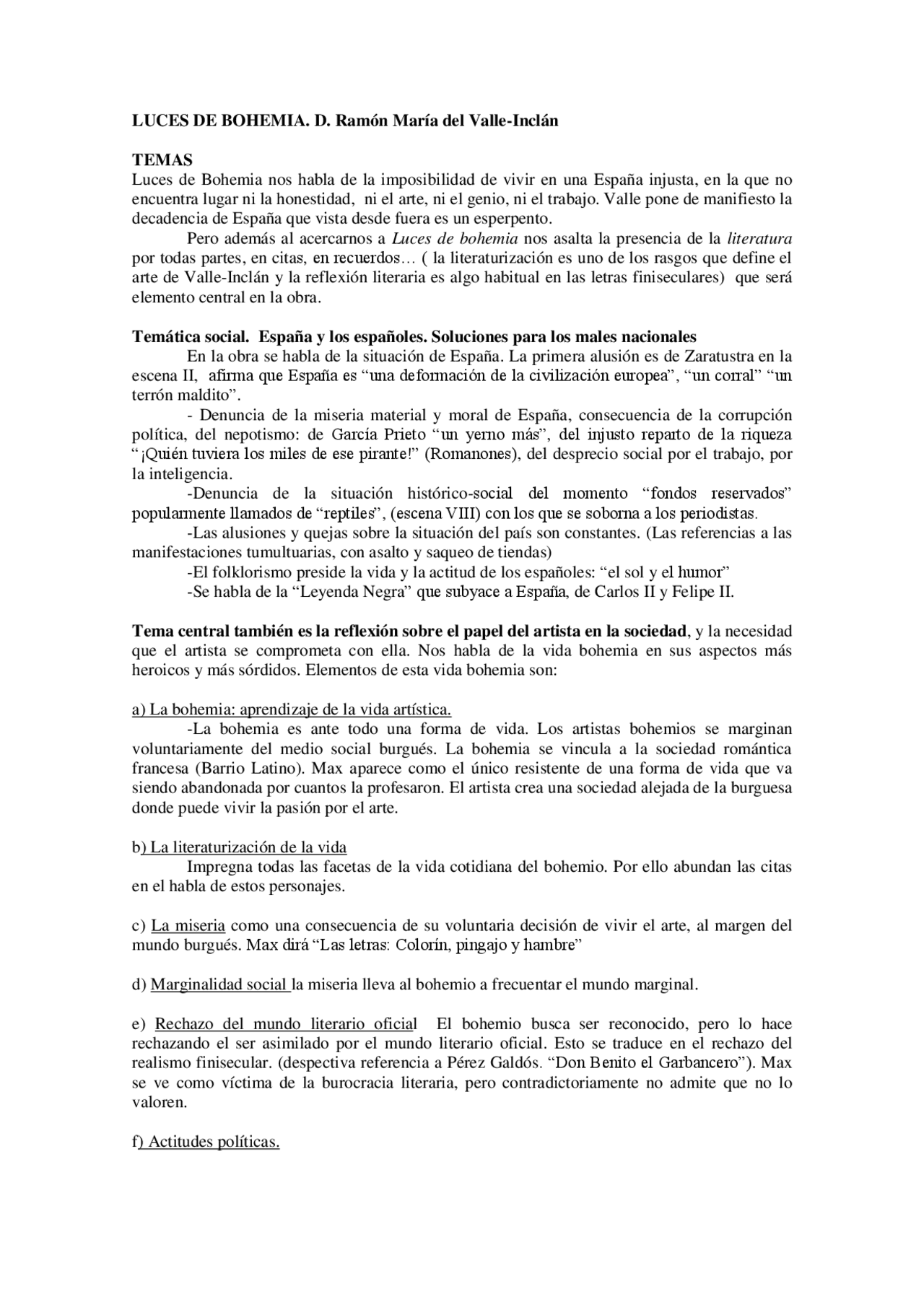 Resumen libro de Luces de bohemia - Docsity