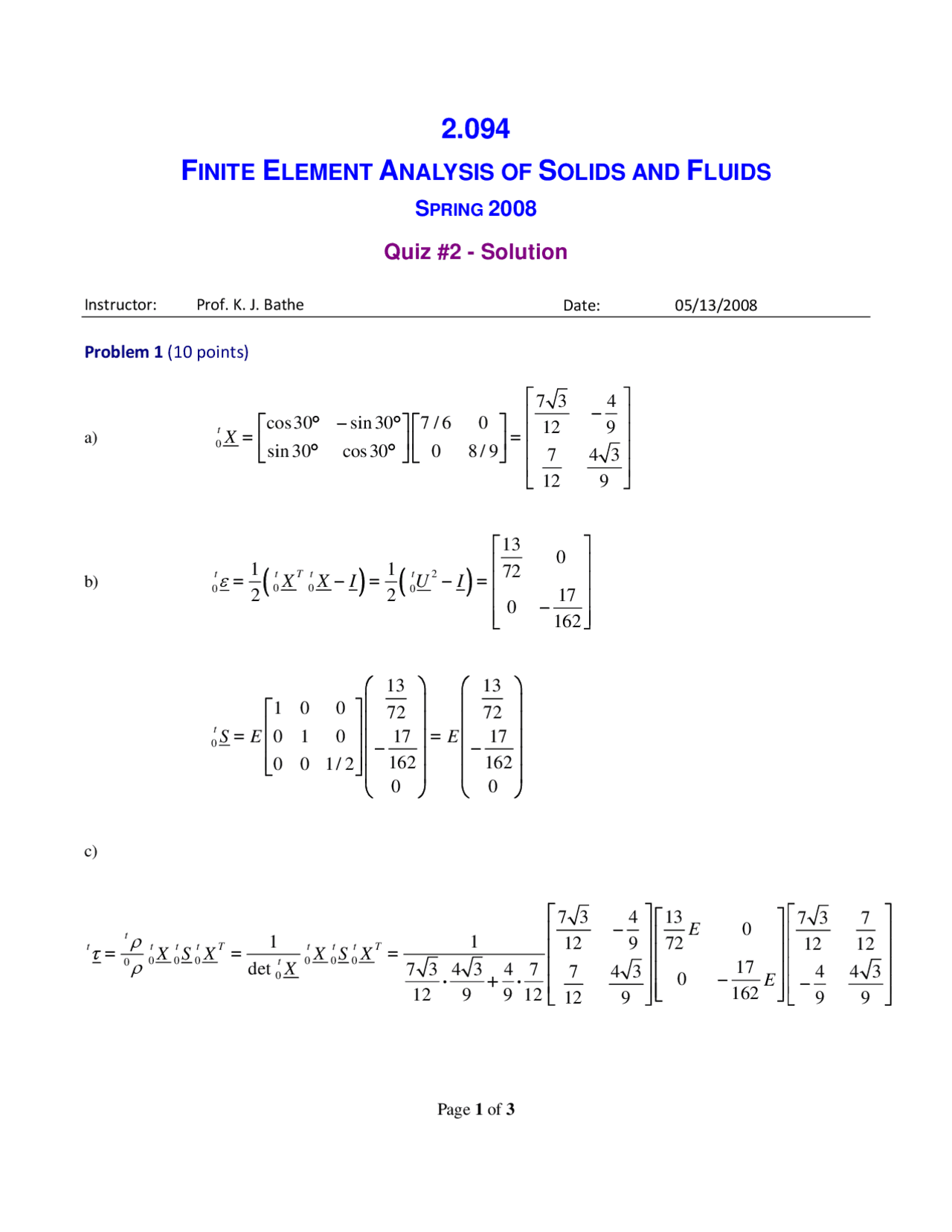 Finite Element Analysis Of Solids And Fluids Ii Quiz 2 Solutions 2008