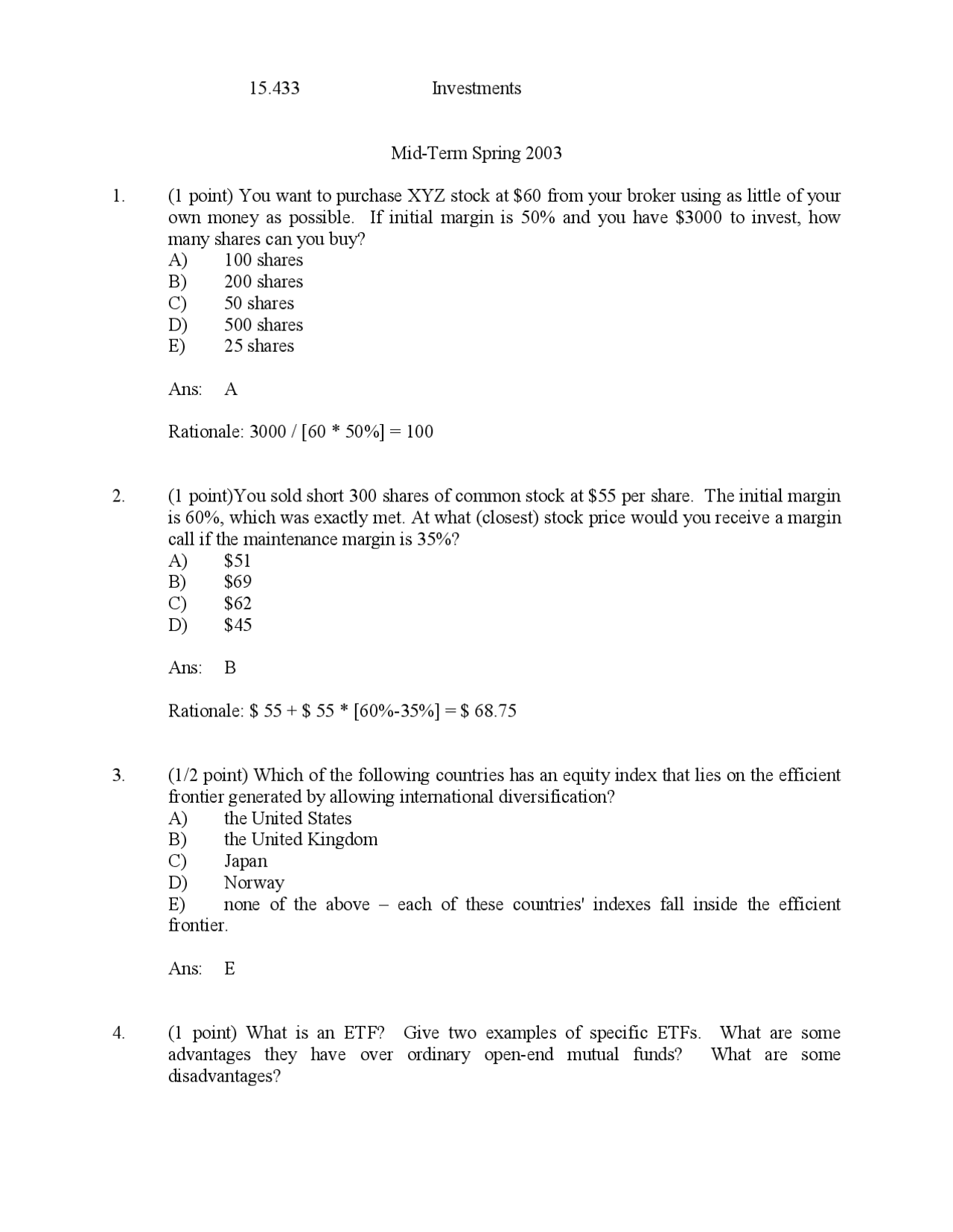 Investments Midterm Quiz With Answers Spring 2003 Docsity